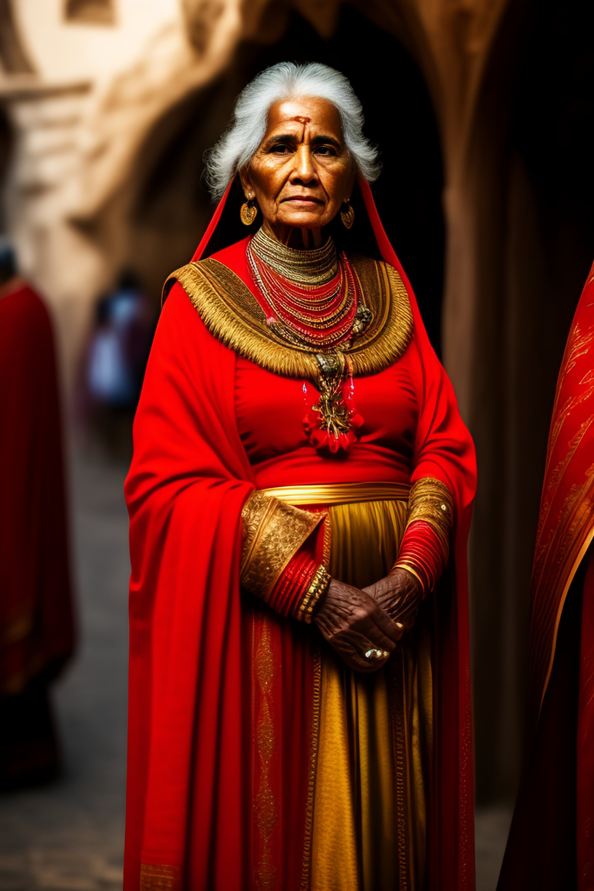 Lexica - Guanche old woman, red and gold clothes, poor