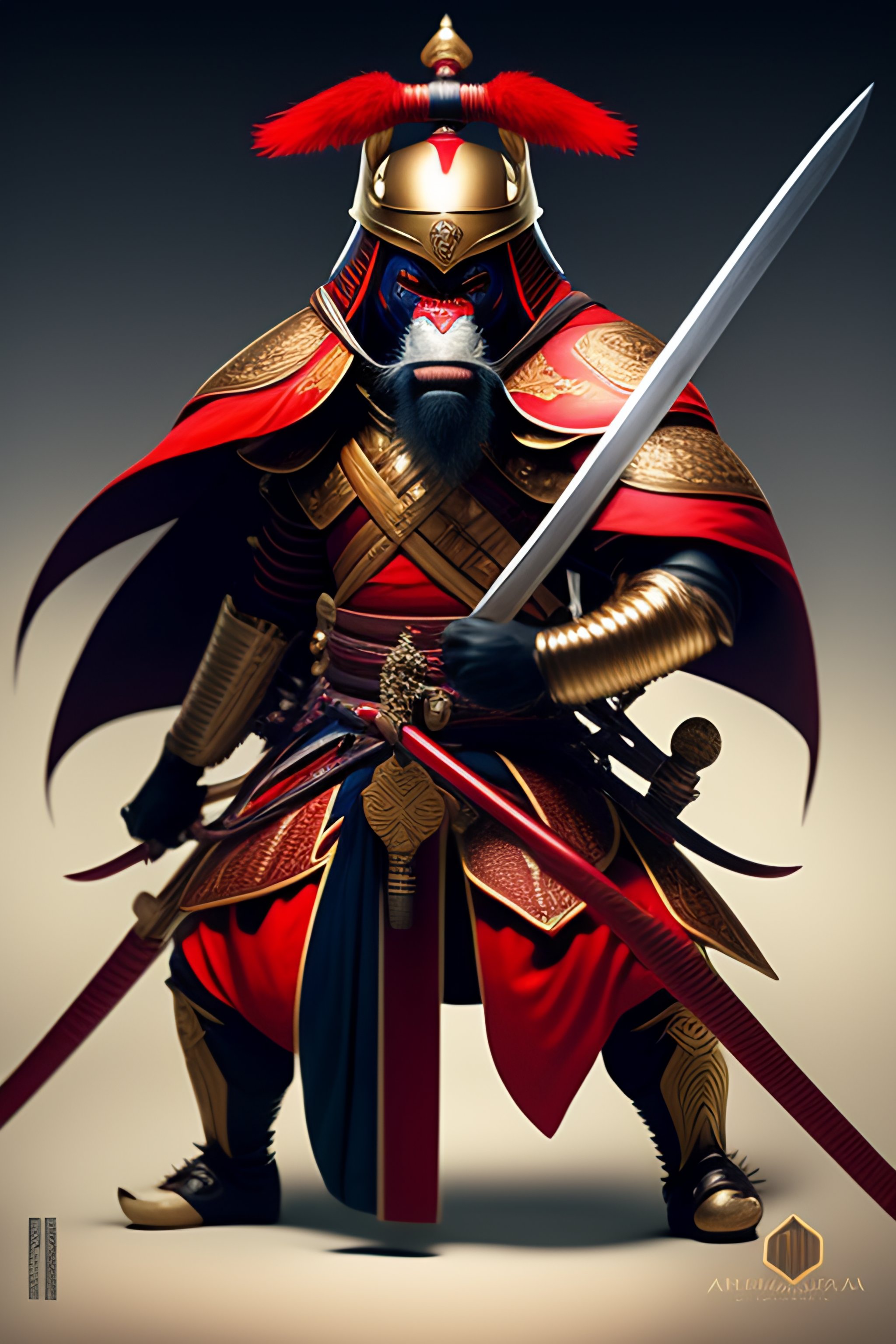 Lexica - Award-winning photo of a Mandrill samurai, red eyes, holding ...