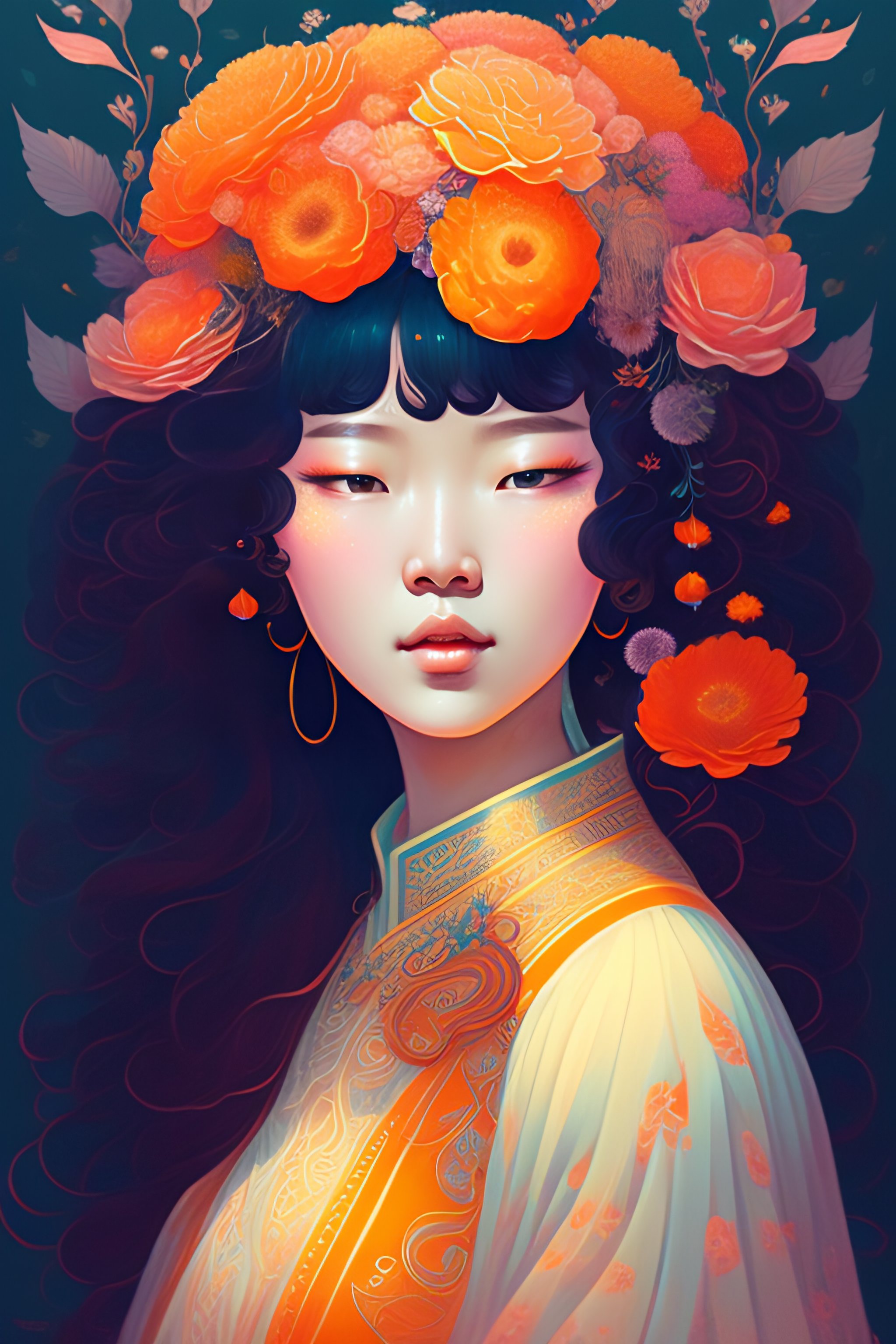 Lexica - Beautiful cute front portrait Korean ninfa, big long curly ...