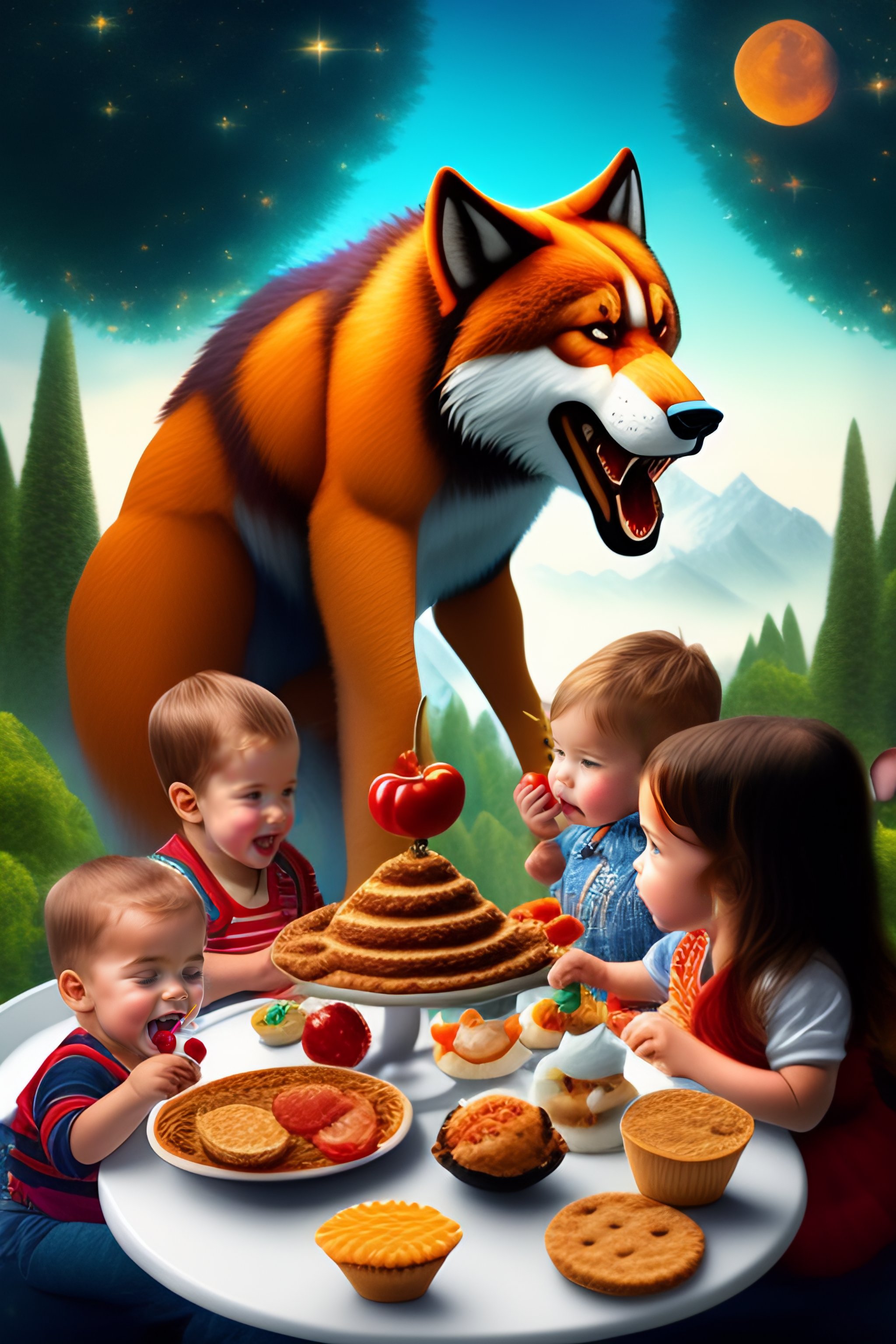 Lexica - Kindergarten werewolf party , eating realistic free star fairy ...