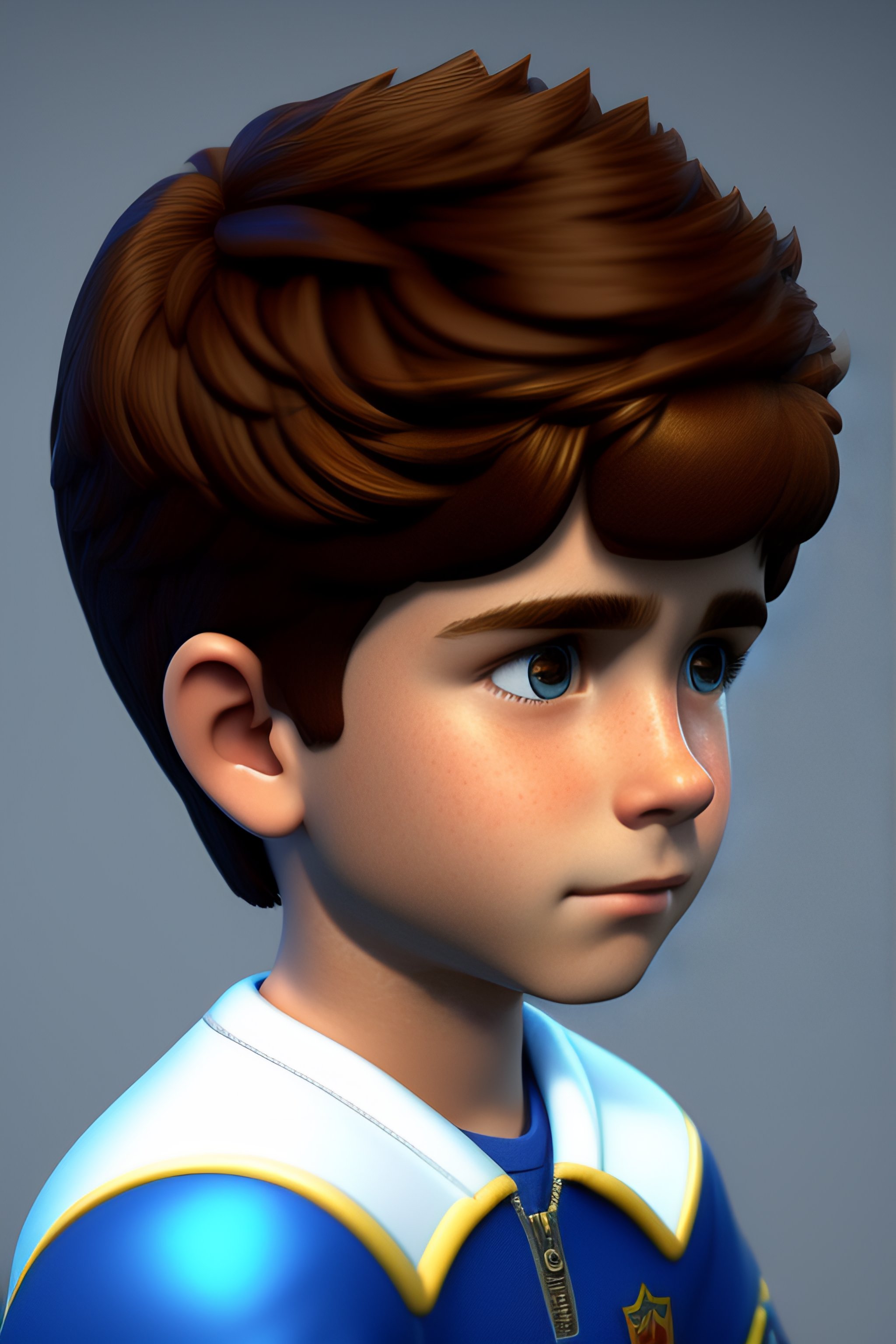 Lexica - Brown hair messi as a boy in blue zipper top, pixar style, 3d ...