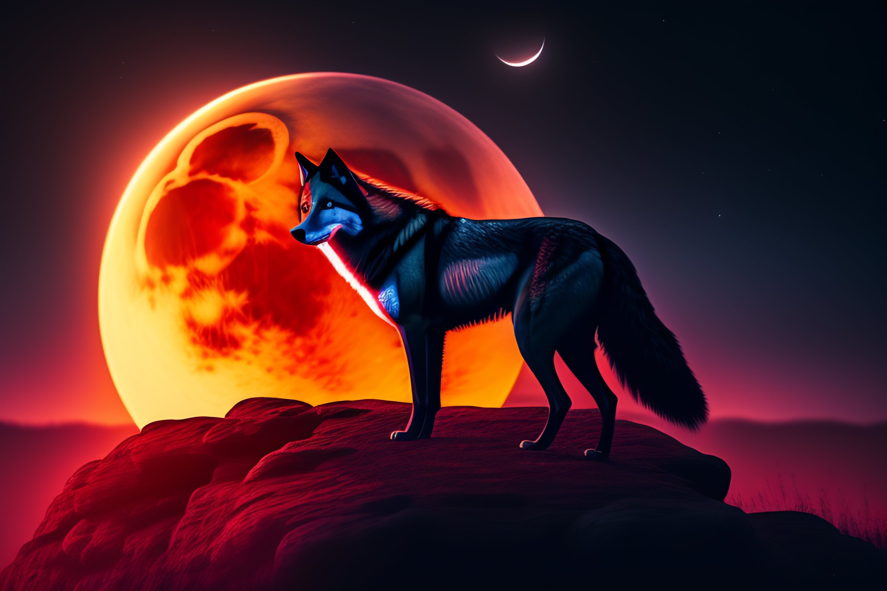 Black Wolf Howling At The Red Moon
