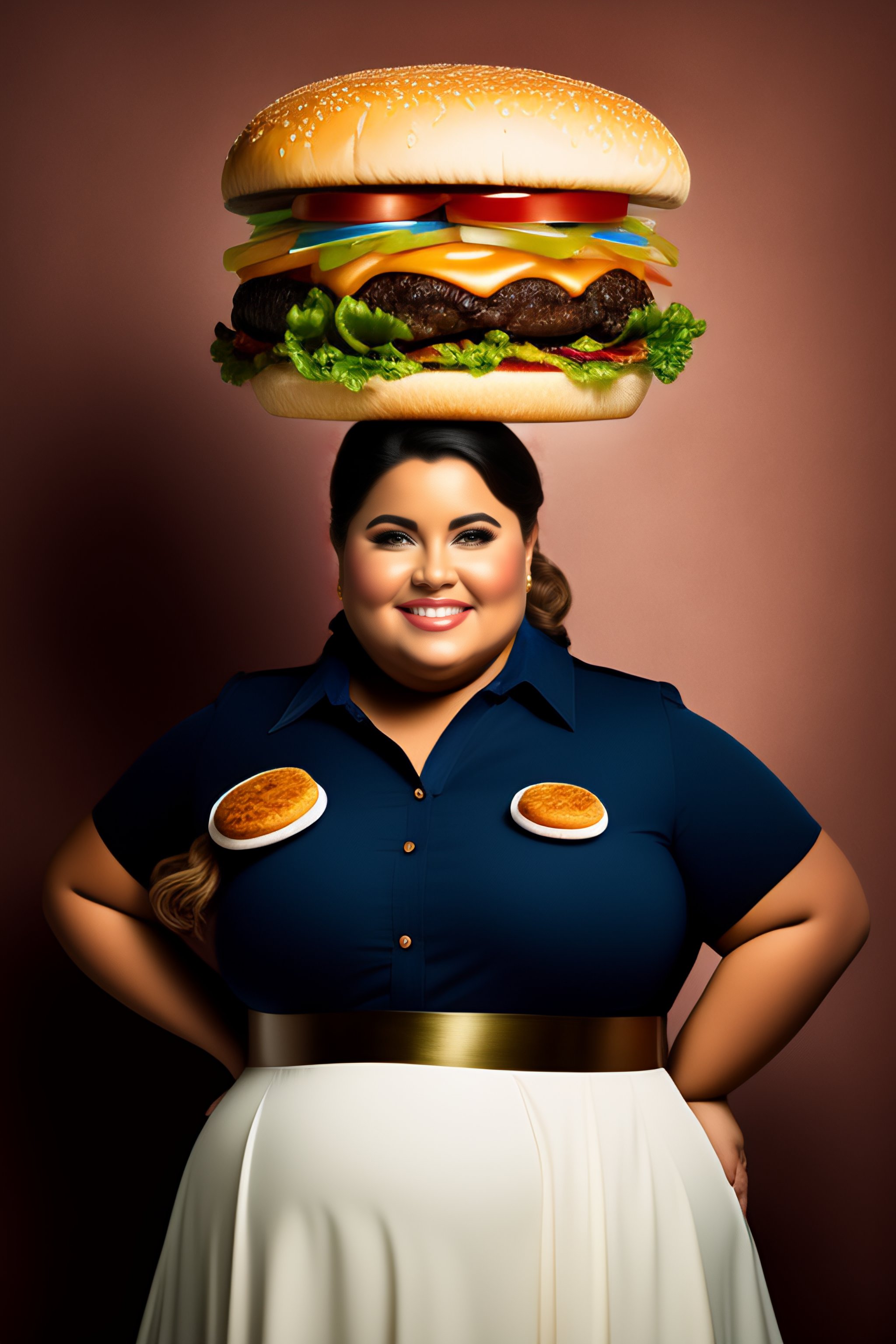 Lexica - Portrait of a girl with a belly filled with burgers