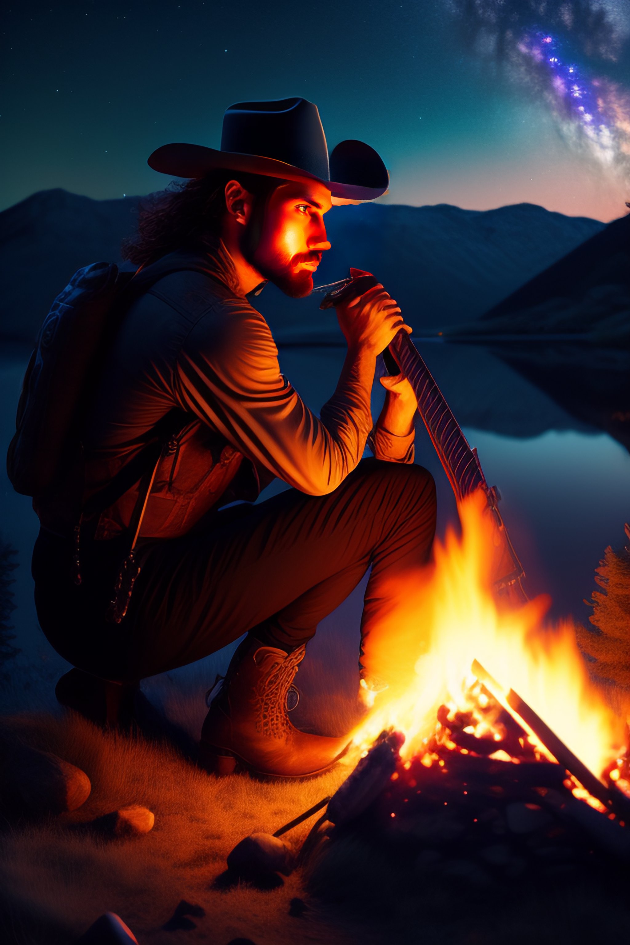 Lexica - Handsome rugged cowboy sitting at a campfire, gorgeous night ...