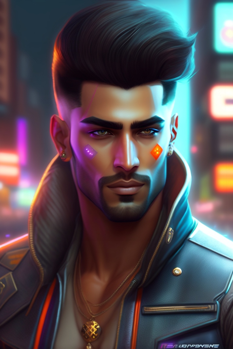 Lexica - Realistic look, cyberpunk look, male, cyber city, Indian men