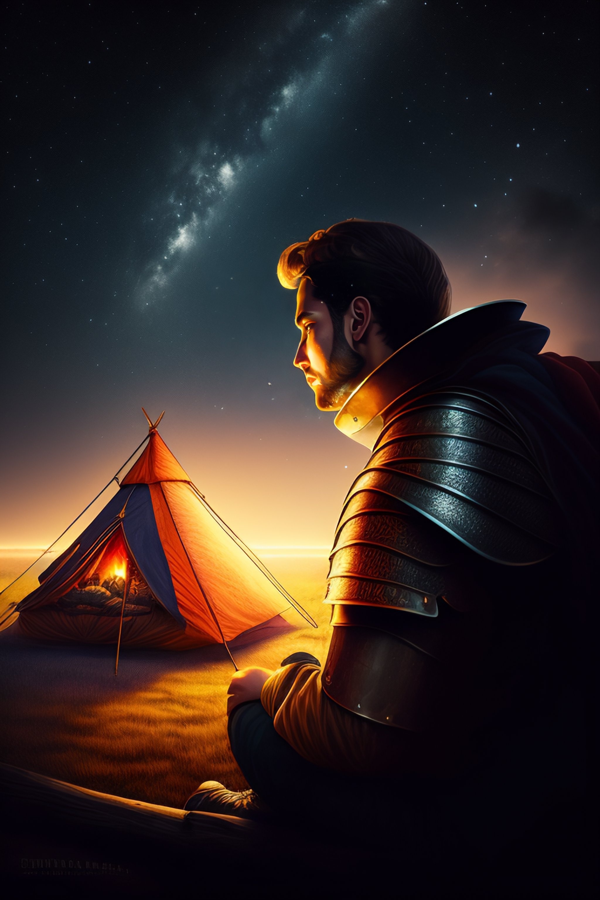Lexica - A knight resting beside a campfire looking up at the stars at ...