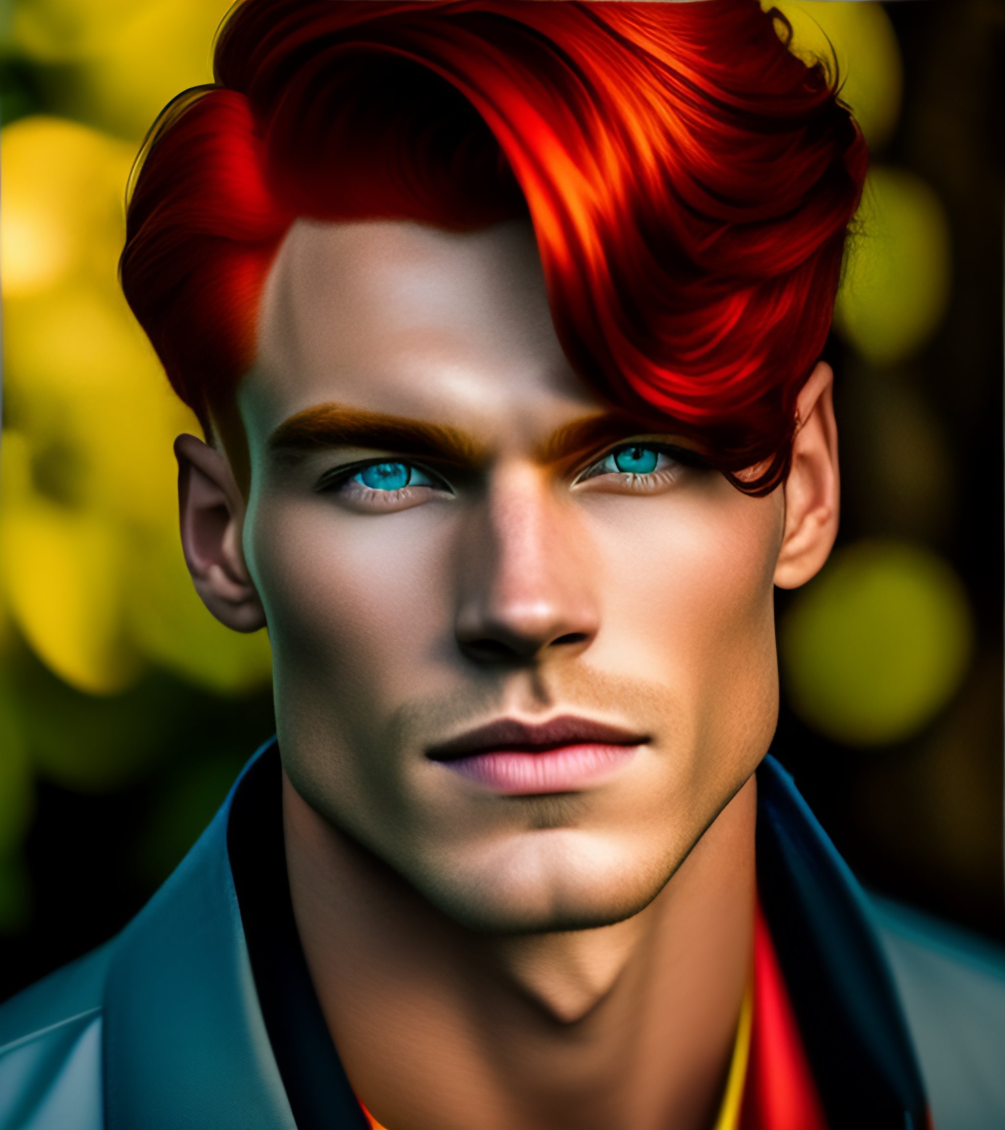 Lexica - Male Ruby Jim, red hair, with blue eyes, green shirt, yellow skin