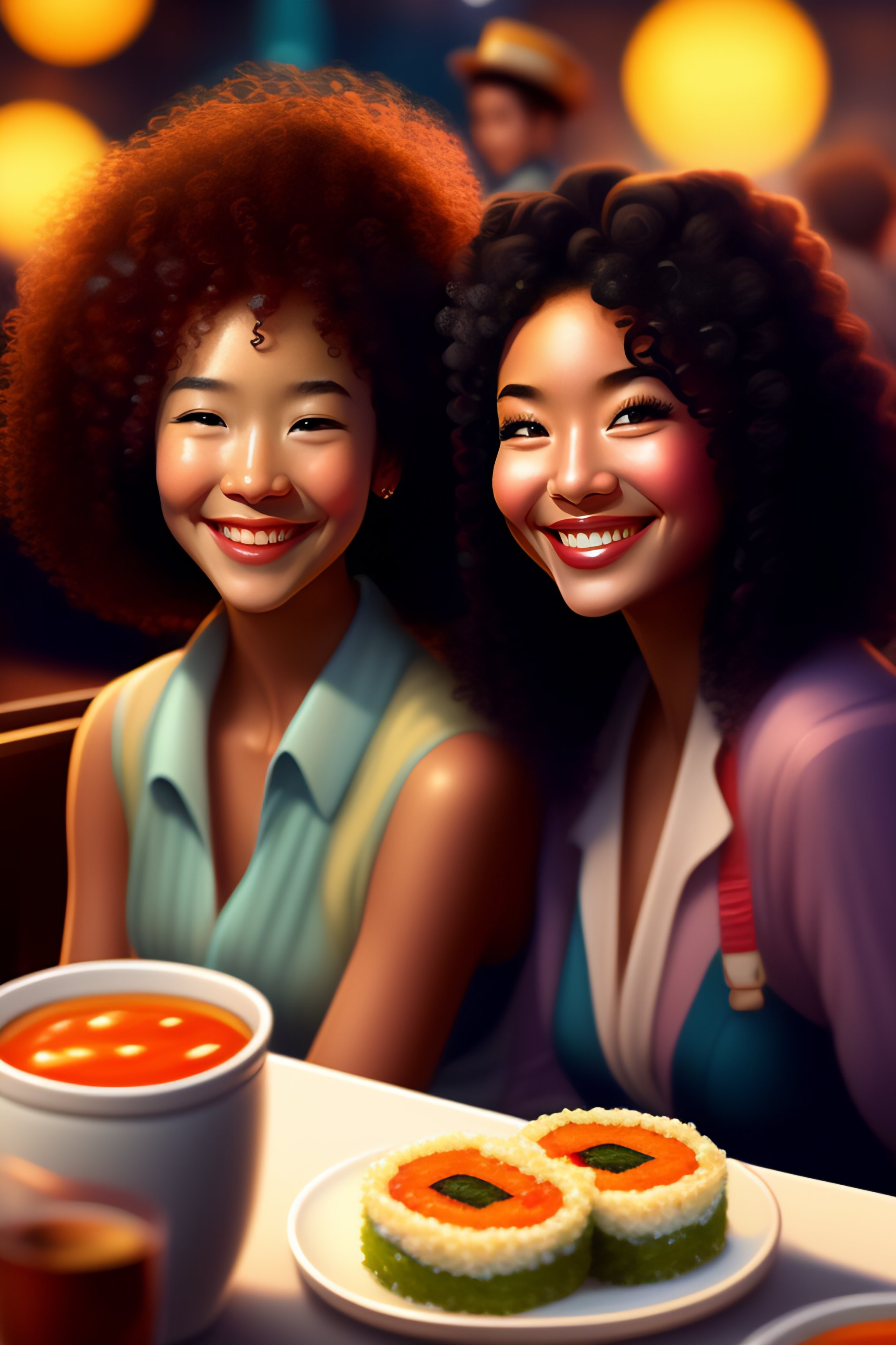 Lexica - Pixar art of two smiling girls with curly hair eating some ...