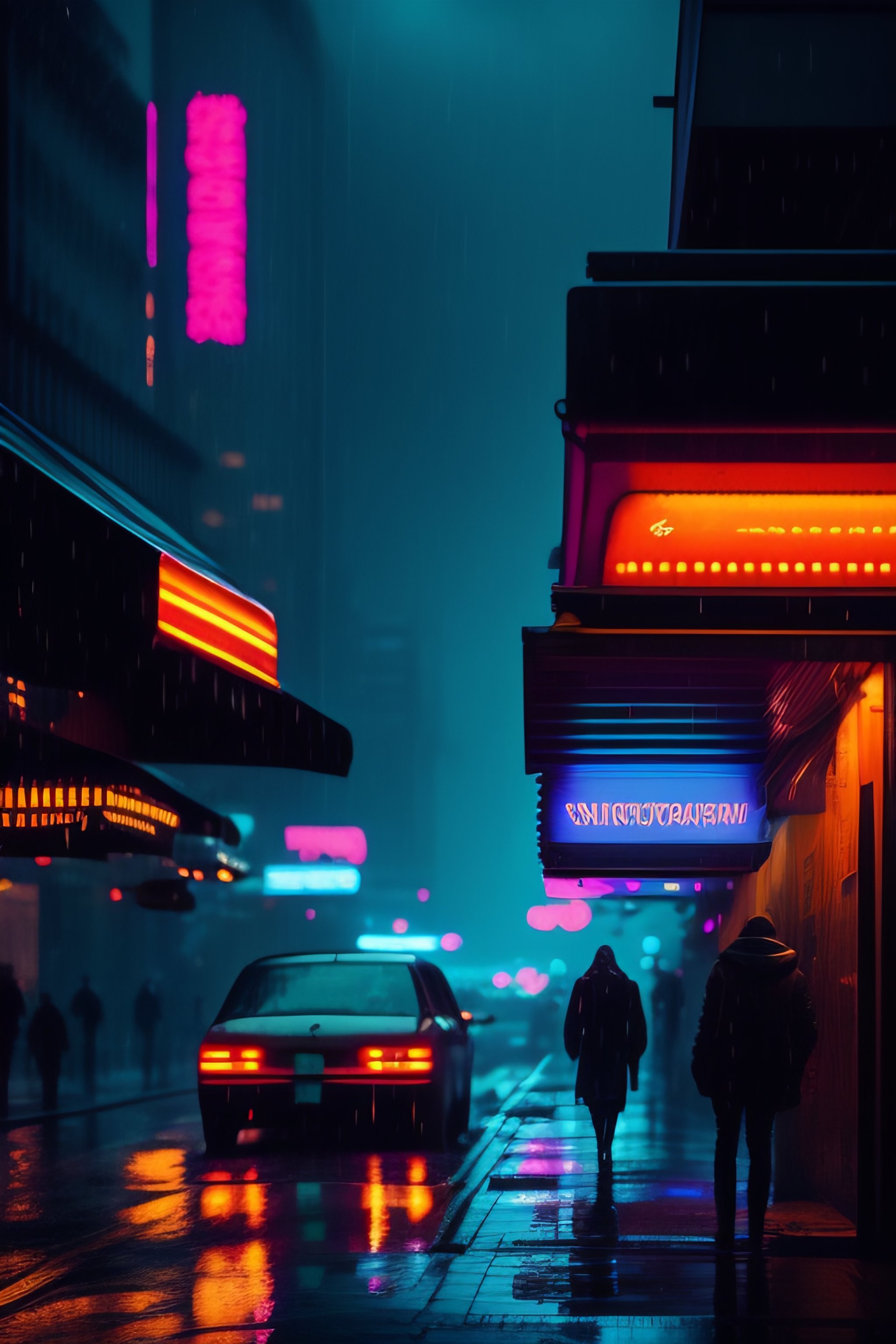 Lexica - Cyberpunk street scene raining nighttime with neon signs ...
