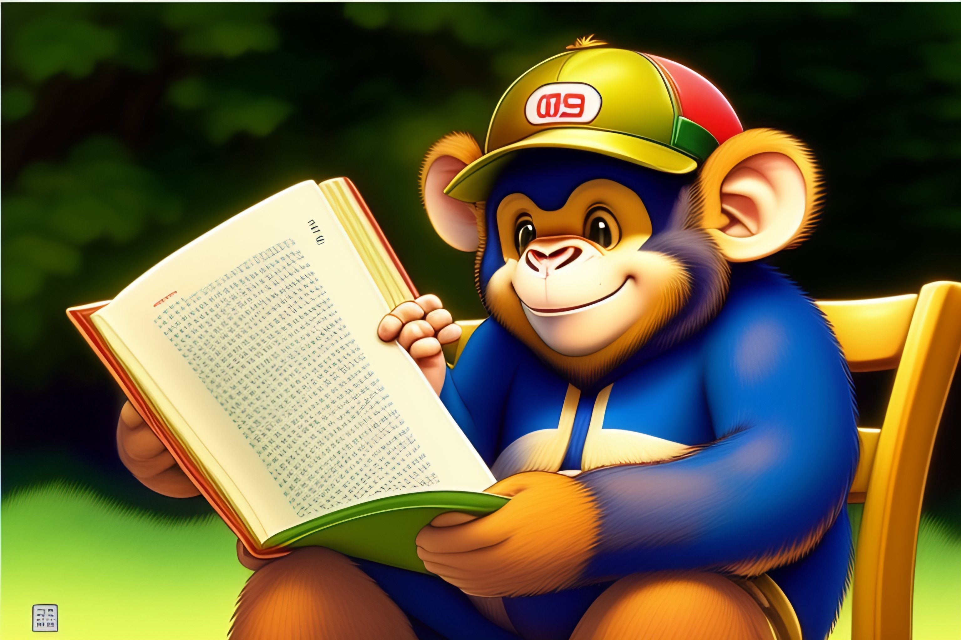 Lexica - Ken sugimori art of a funny smiling monkey reading a book