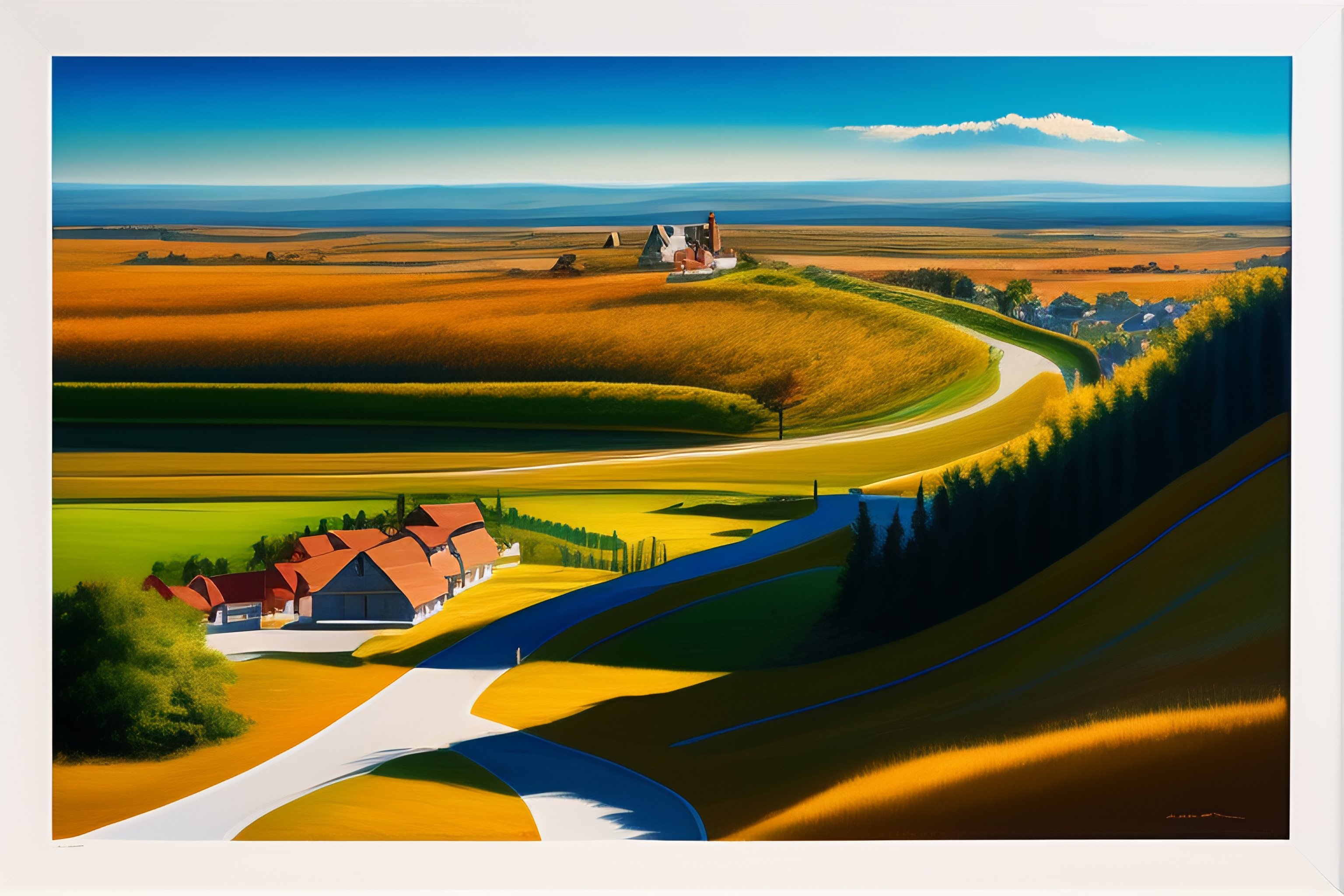 Lexica - Landshape with very linear road and little town in background