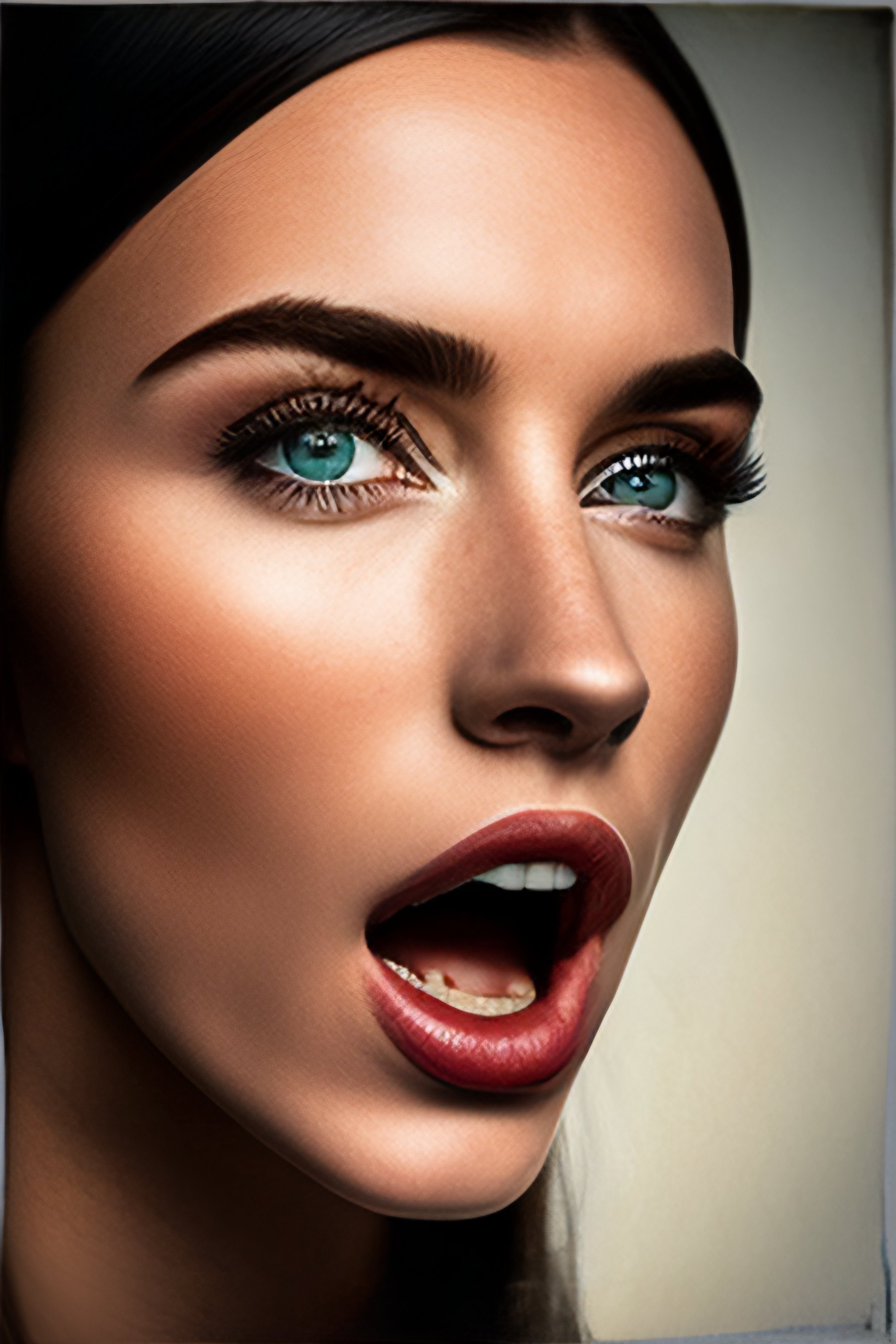 Lexica - A young woman with eyes wide open, unusual pupils, her mouth ...