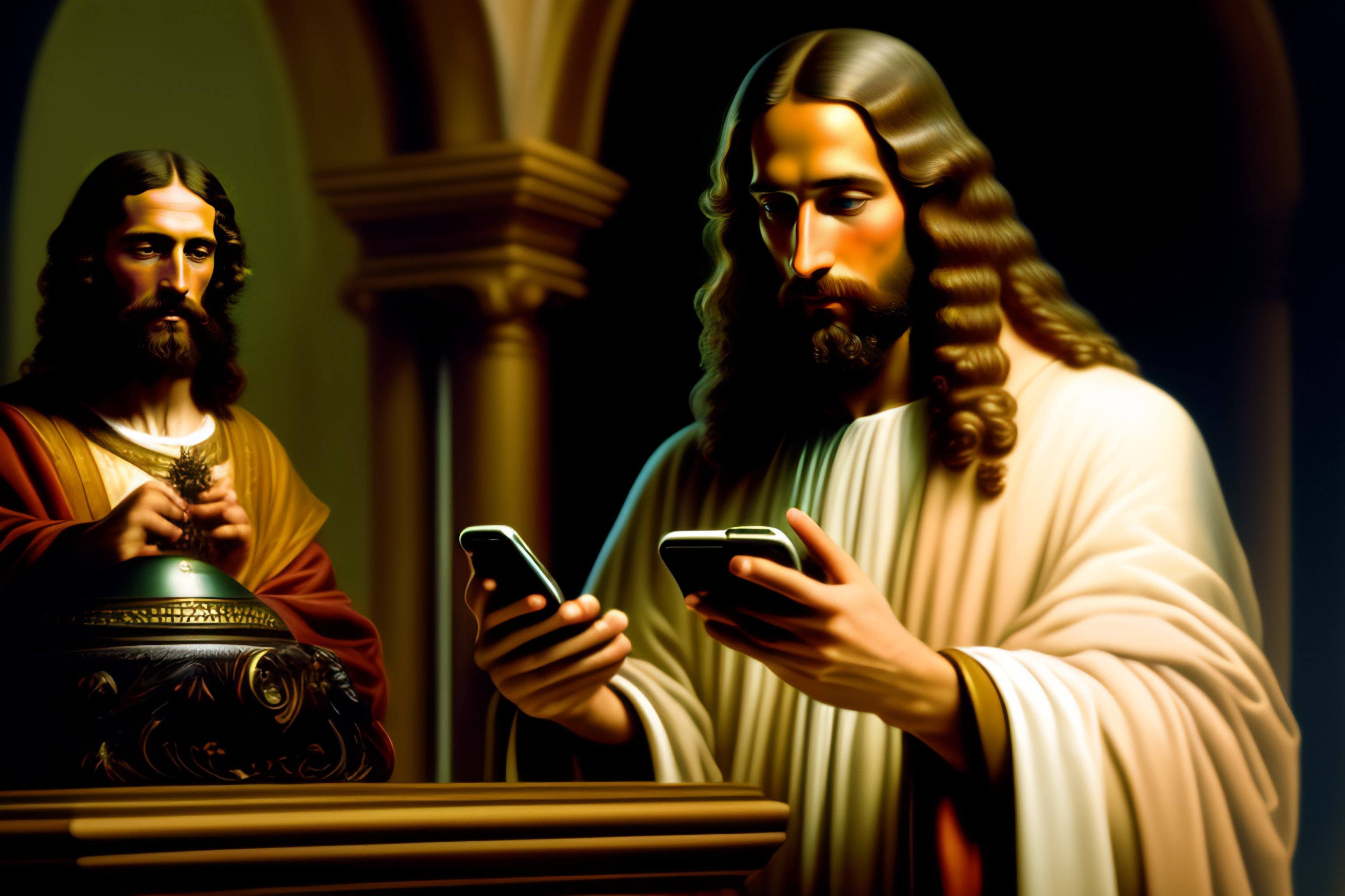 Lexica - Old color photo, year 1, jesus christ is speaking on smartphone