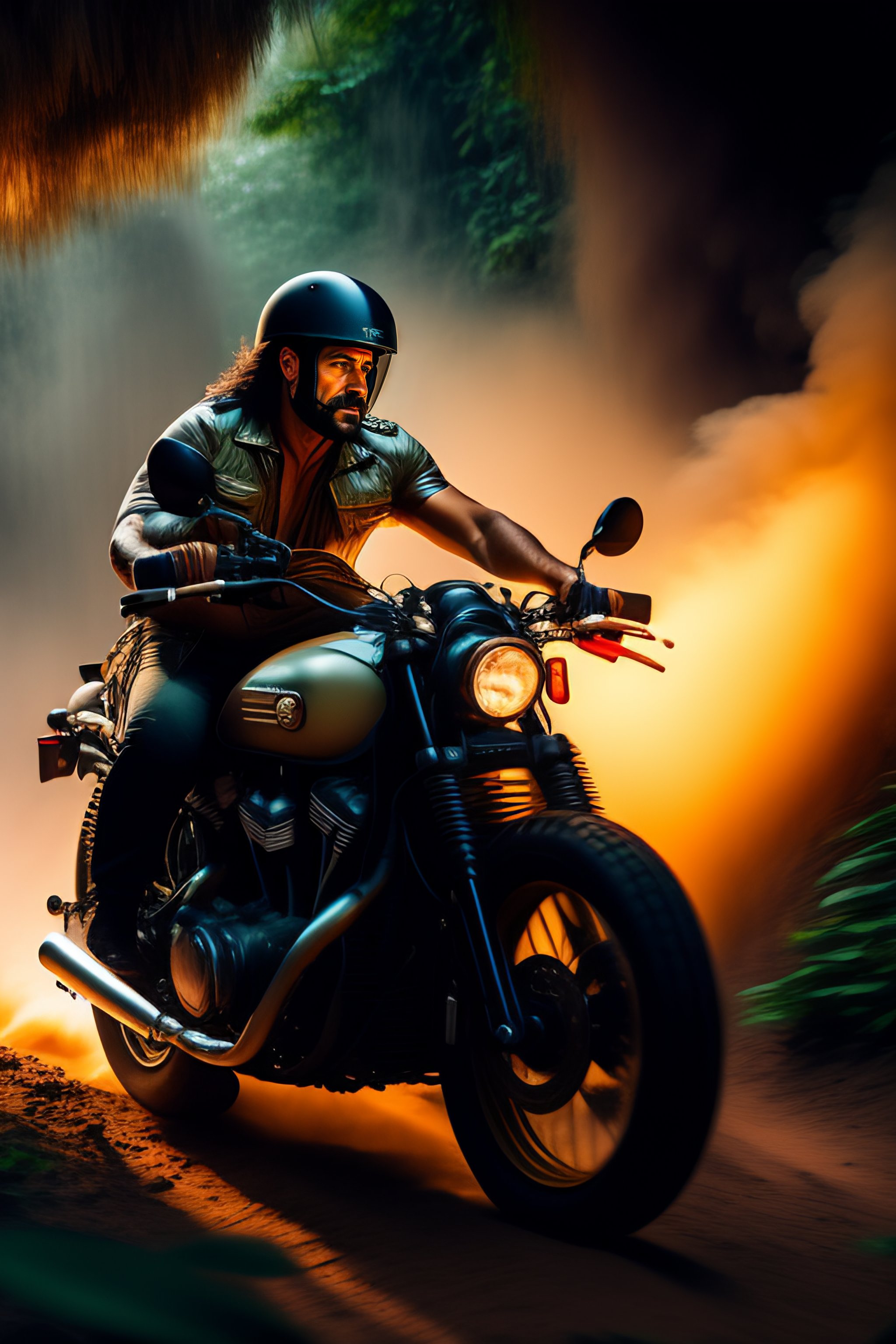 Lexica - Action shot of john rambo on a motorcycle in a jungle ...