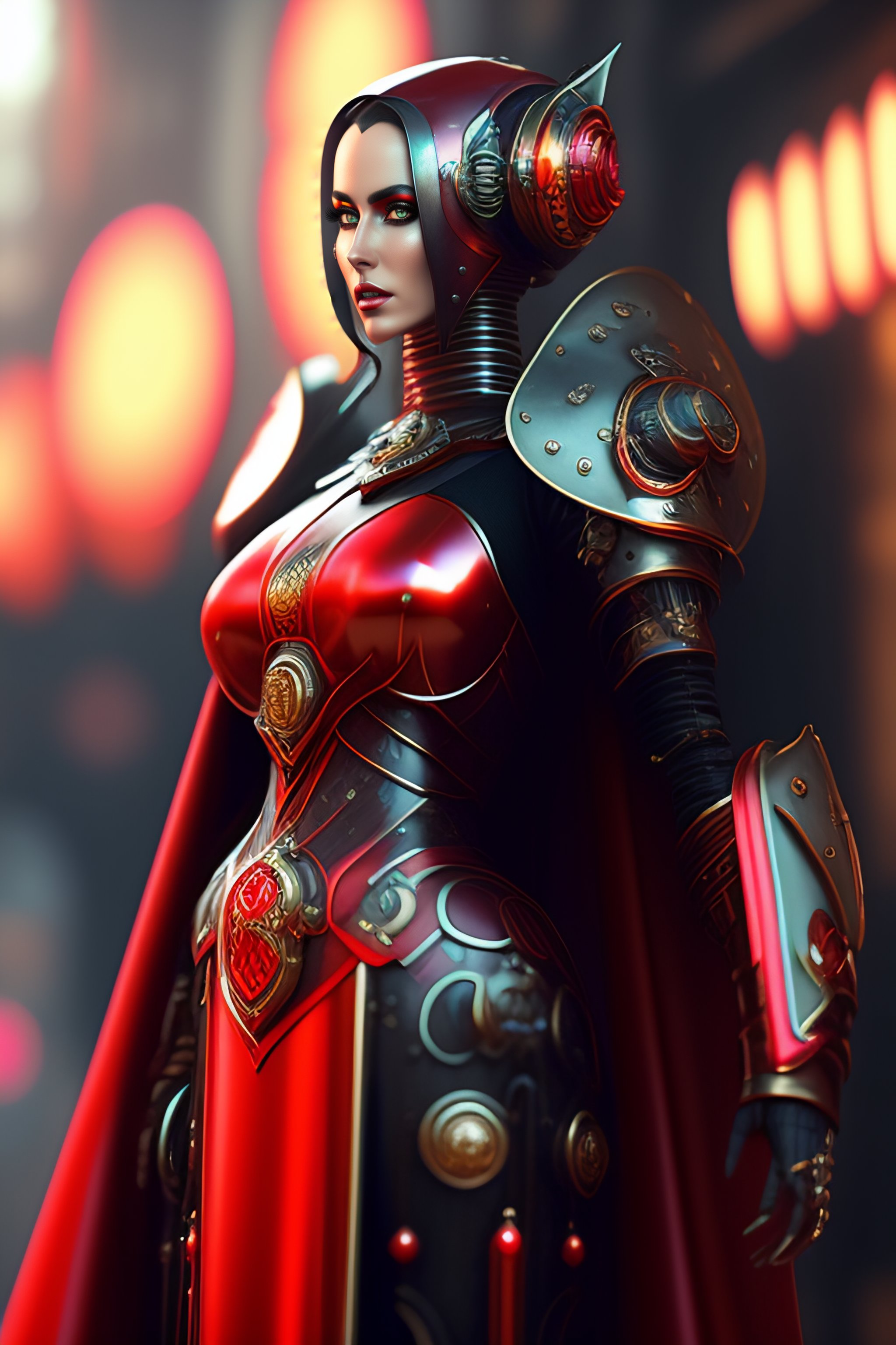 Lexica - Steampunk androgyn metal robot, with a red long dress and cape ...