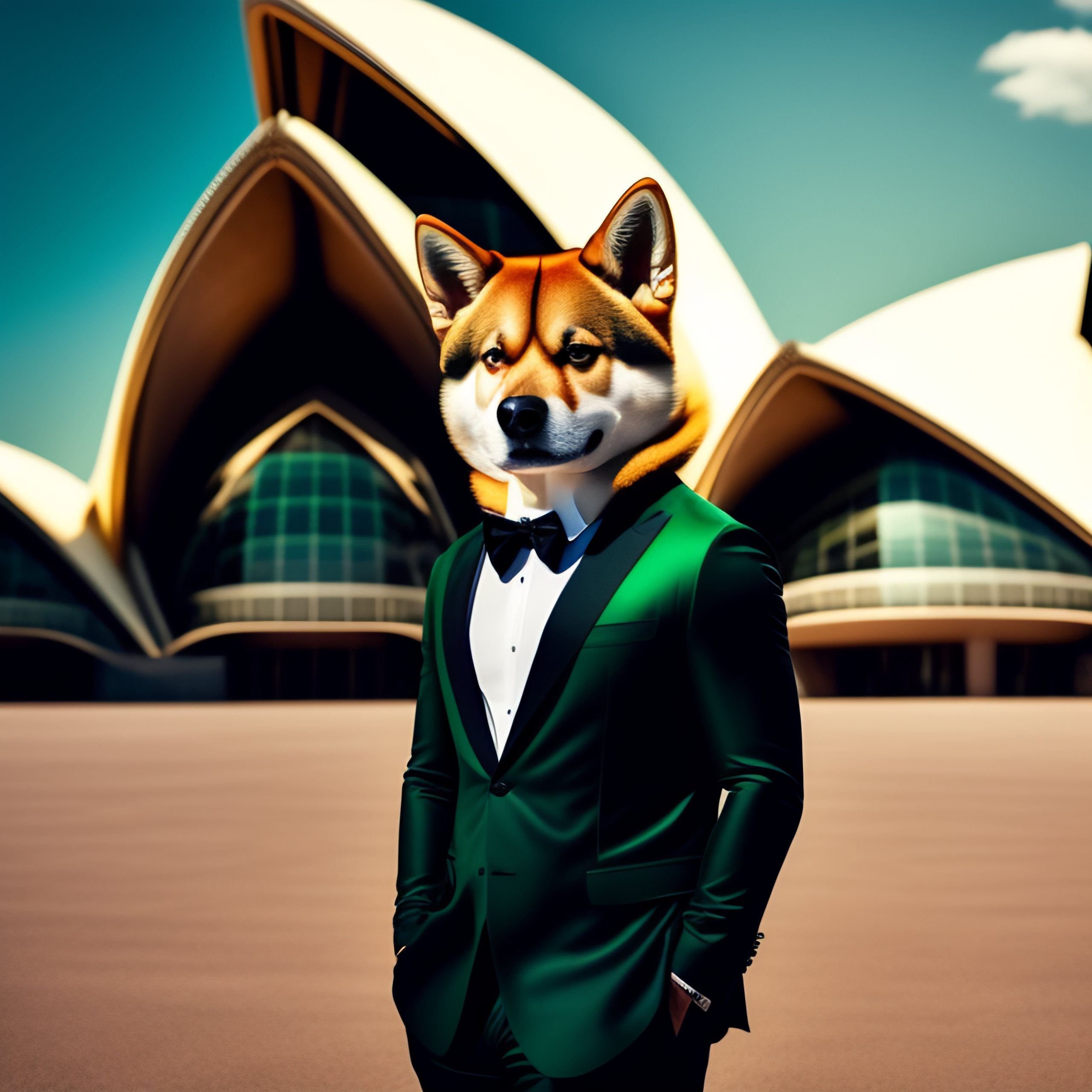 Lexica - Medium Shot of a standing shiba inu dressed in a fancy green ...