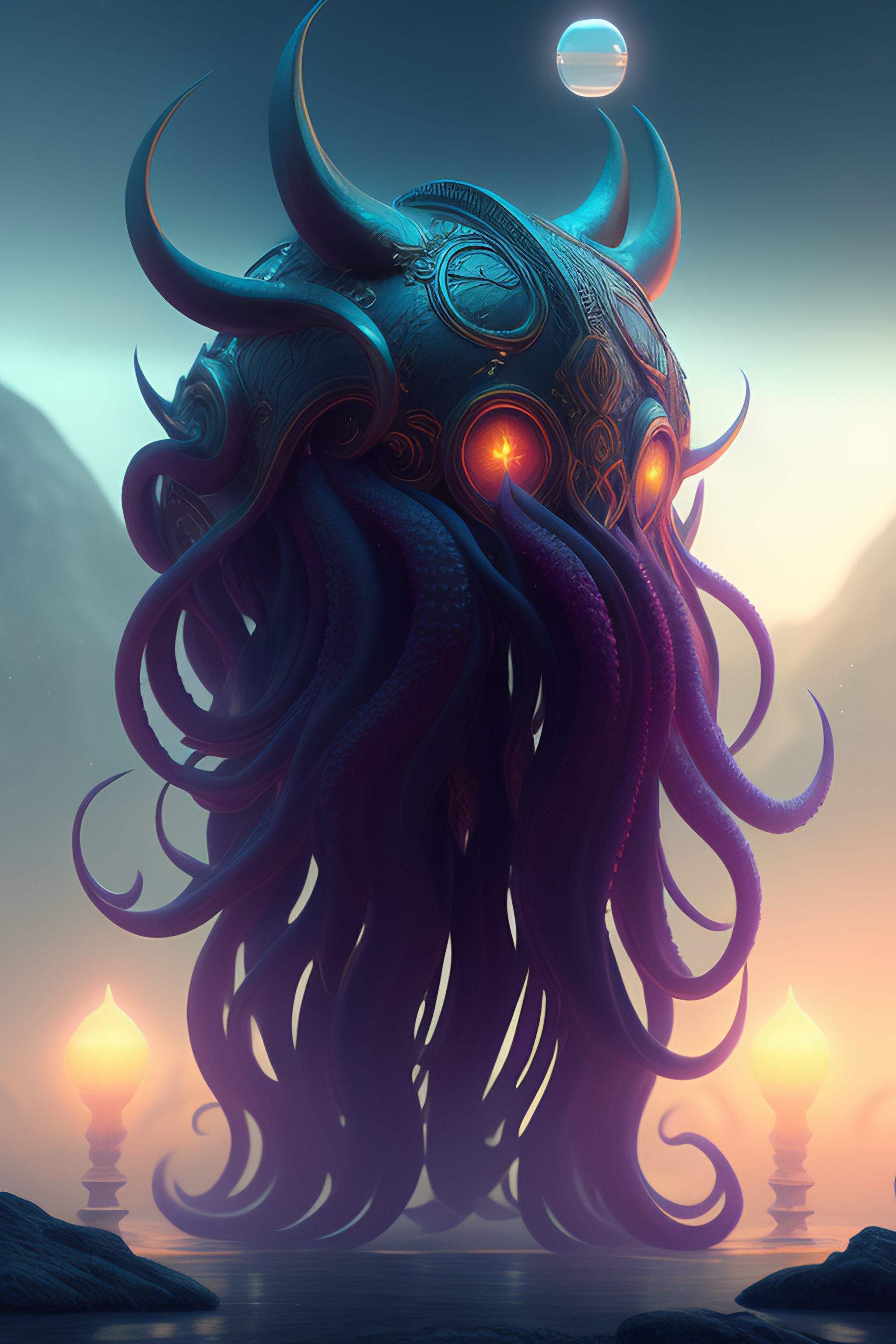 Lexica - Ancient cthulu octopus monster with 3 white-light orbs for ...