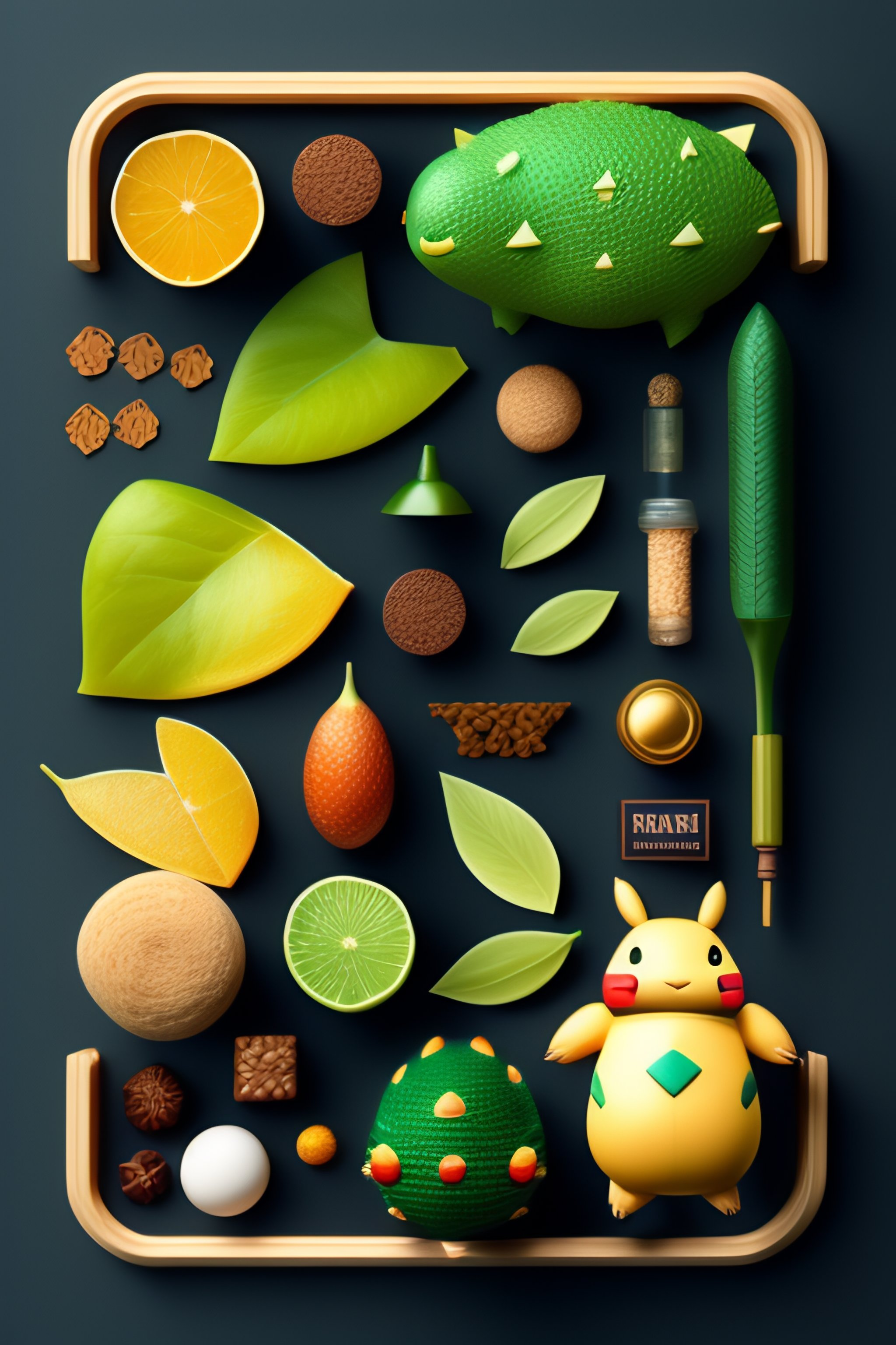 Lexica - Knolling, flat lay, pokemon, bulbasaur, leaf,