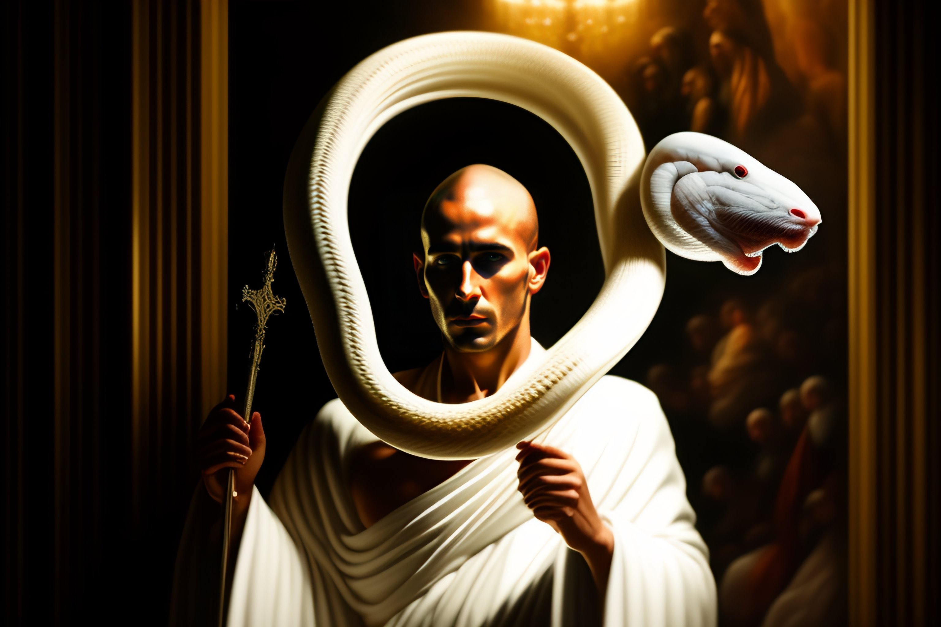 Lexica - White Monk in dark robe hold a white snake on the cross greek cult