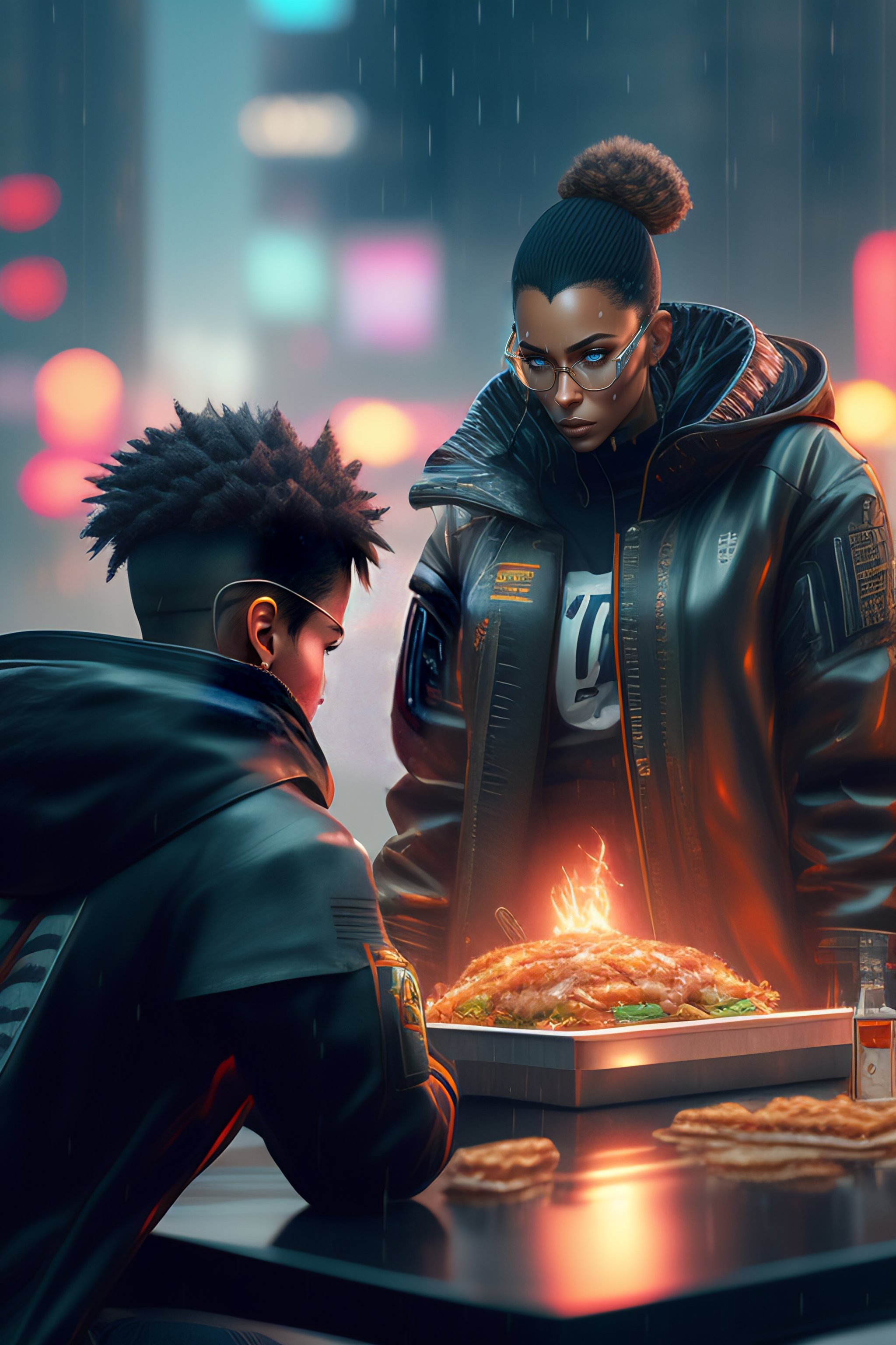 Lexica - A group of damaged cyberpunk cyborg eating boxes on a table ...