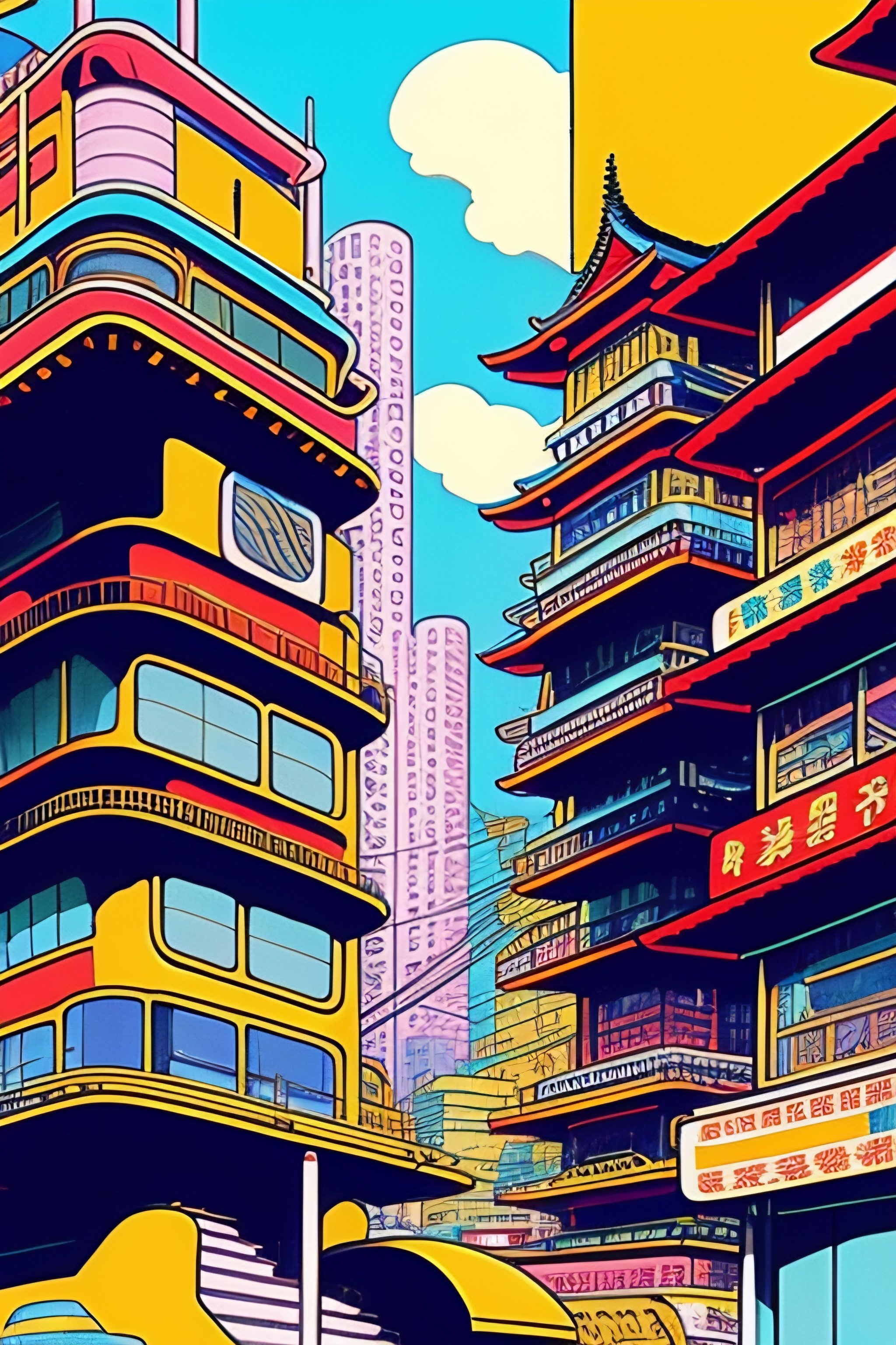 Lexica - Maximalist chaotic stunning japan city, illustrated by Hergé ...
