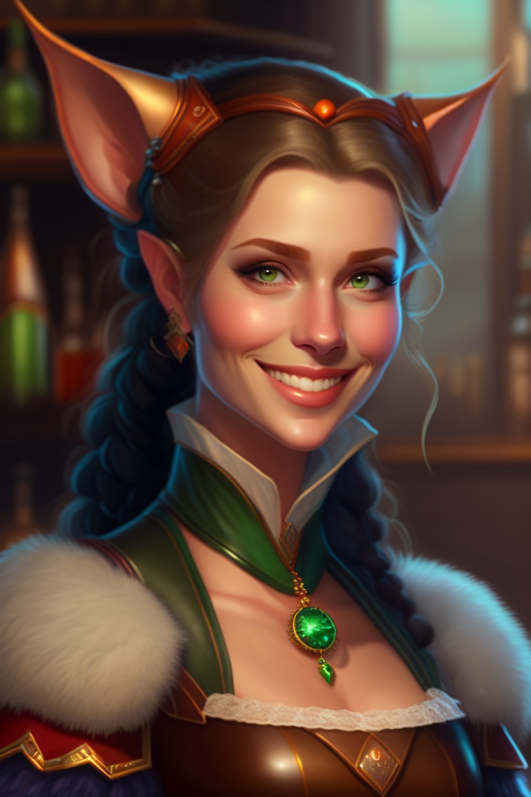 Lexica - A fantasy style barmaid who has elf like ears, dressed in poor ...