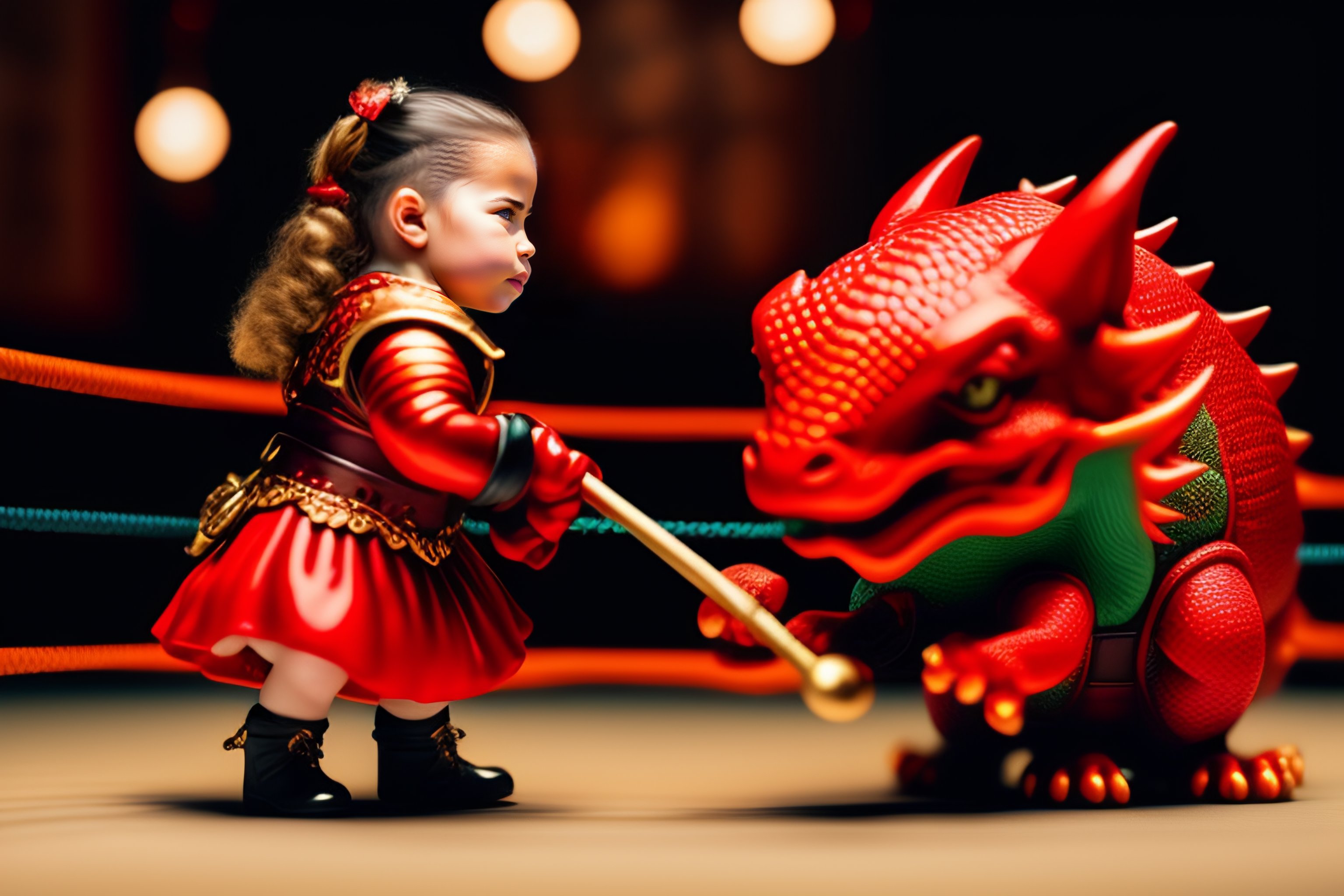 Lexica - Female dwarf fighting a red dragon