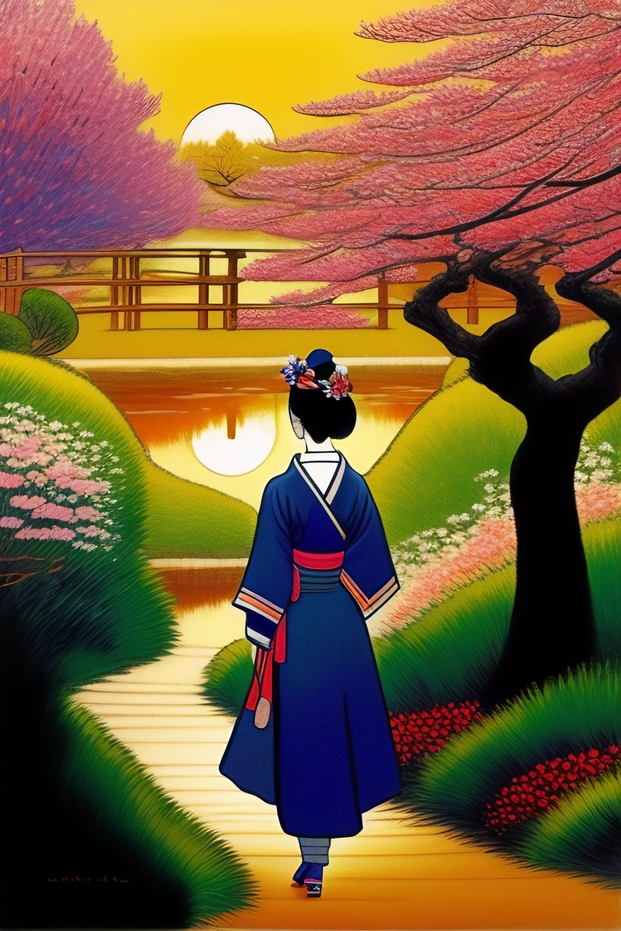 Lexica - Line drawing color of a geisha walking at sunset through a ...
