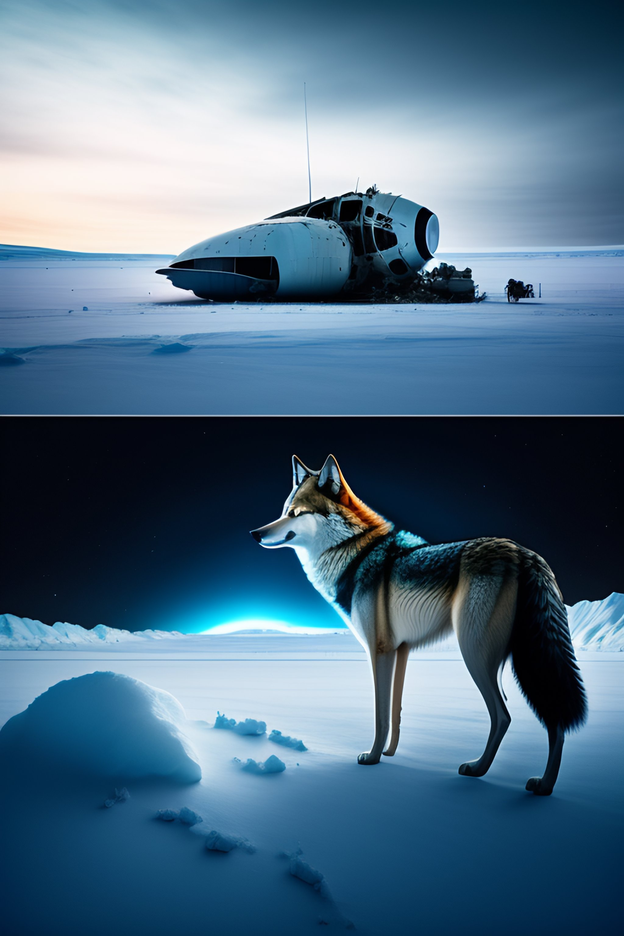 Lexica - A wolf examining a spaceship that crashed in the arctic