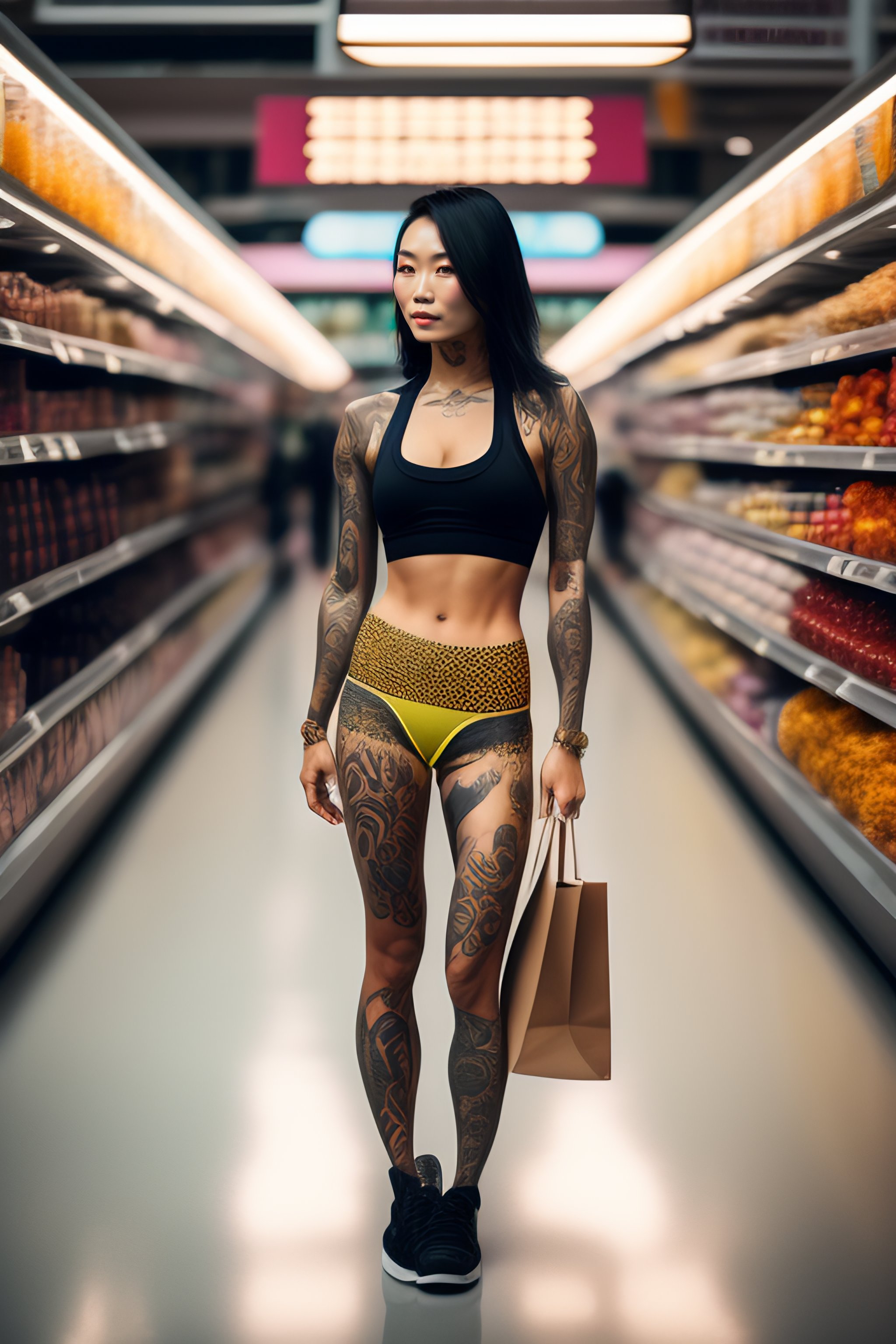 Lexica - Tattooed asian female, standing pose, in a supermarket, ultra hd! realistic! helmut ...