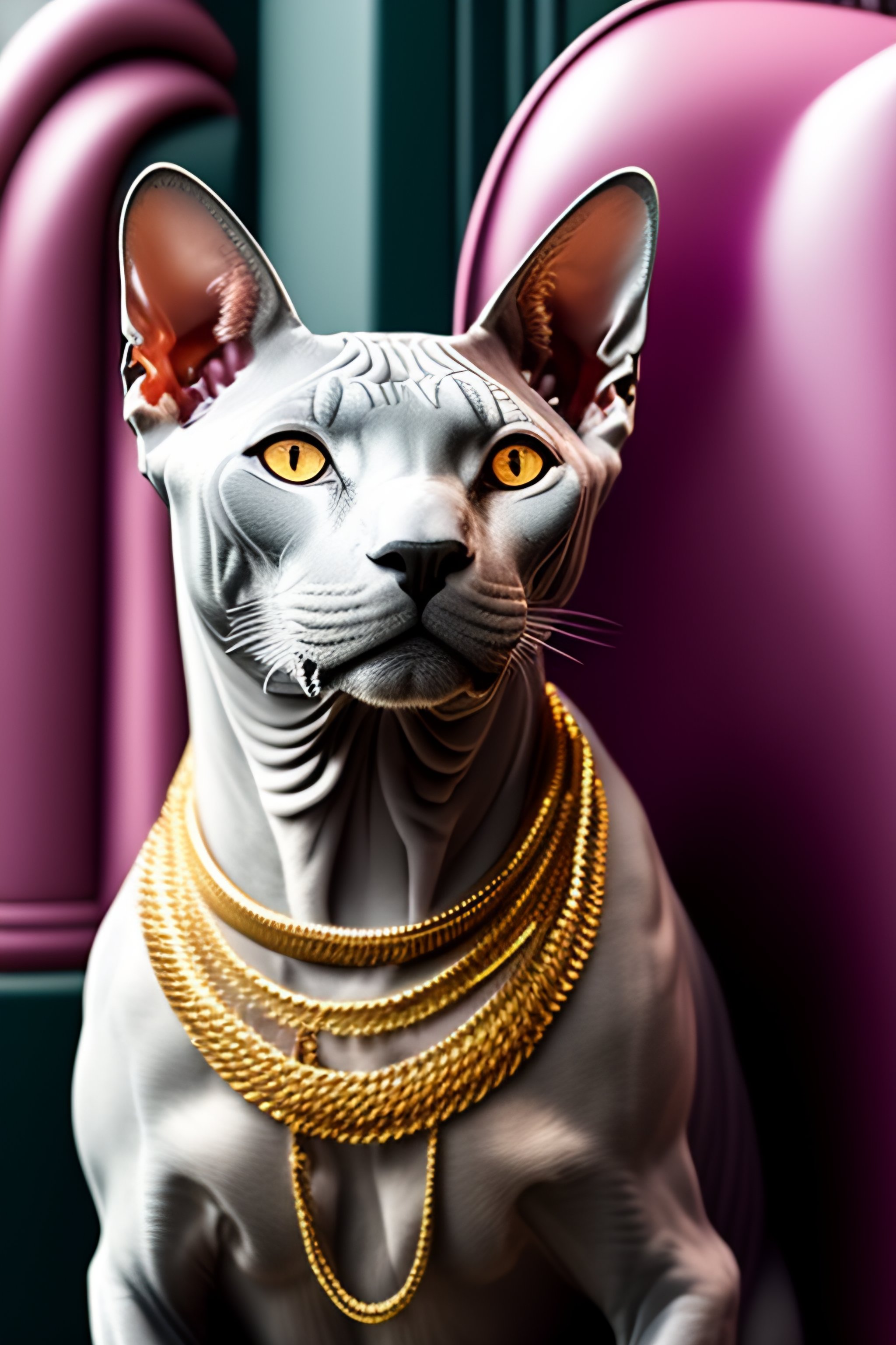 Lexica - All gray sphynx wearing gold chain sitting in front pink cafe