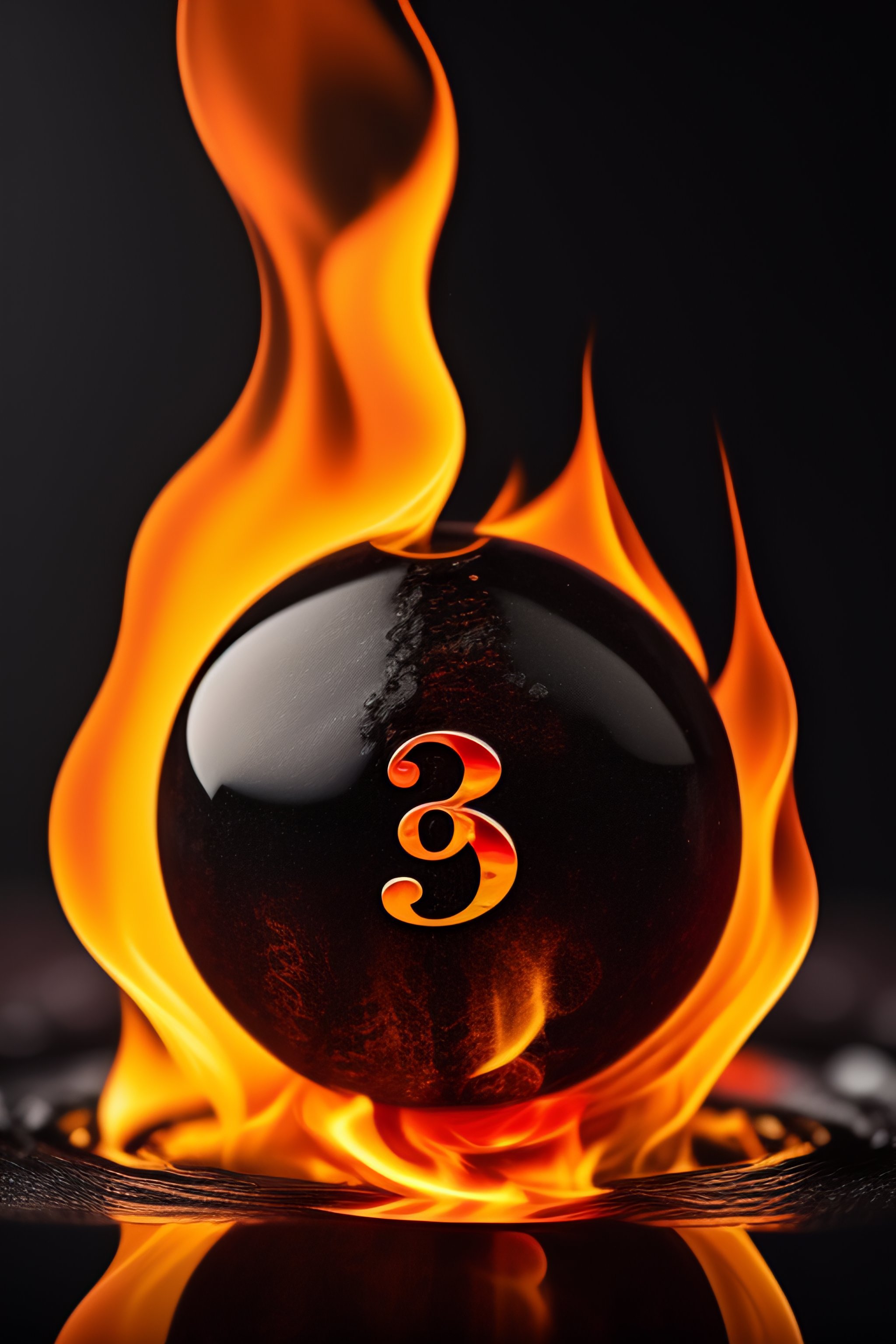 Lexica - Eight ball made in water, black, number 8 on fire in the middle