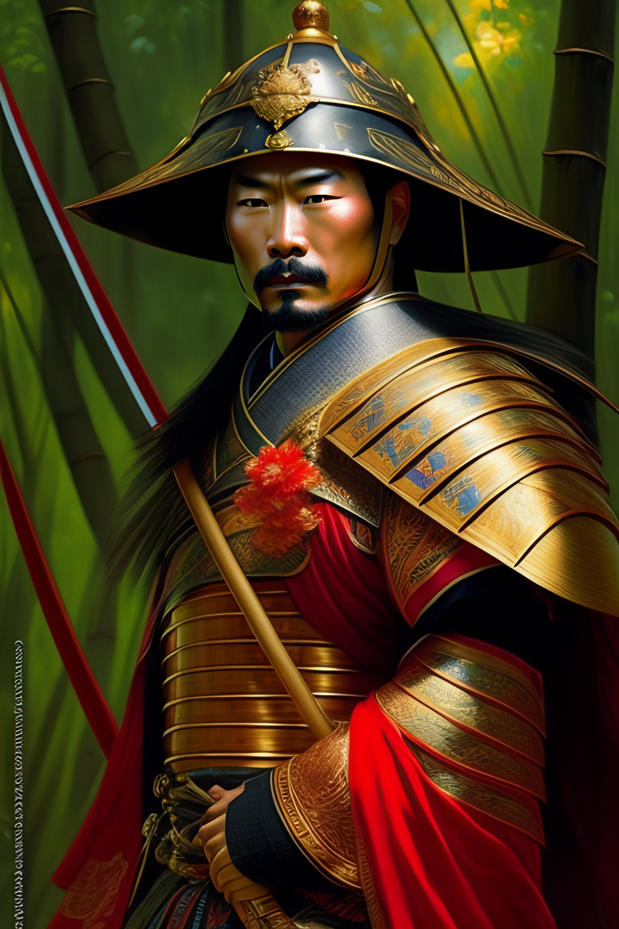 Lexica - Close up of samurai general in full armor, in a bamboo forest ...