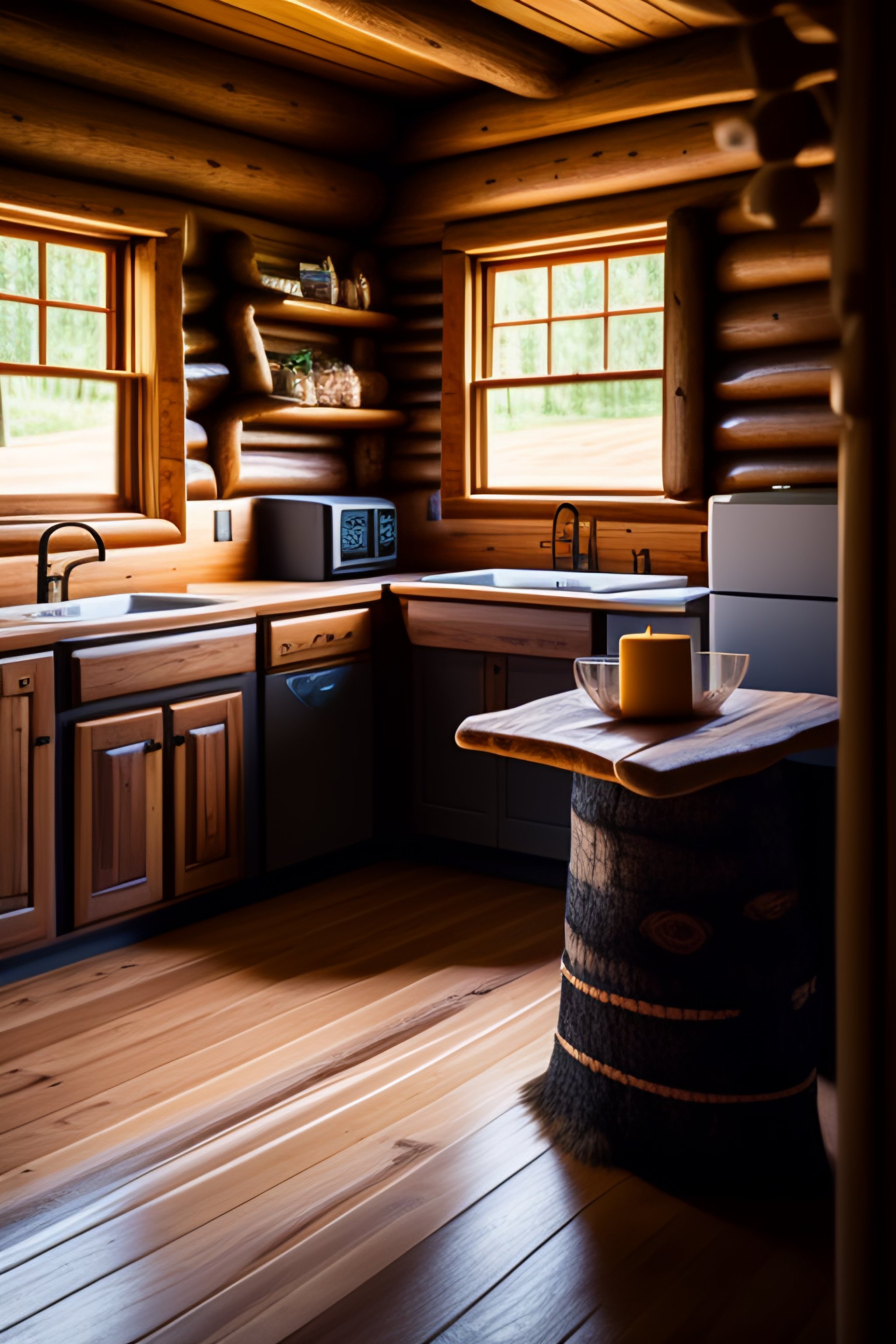 Lexica - Interior of a log cabin with a raised tablet on a counter at ...