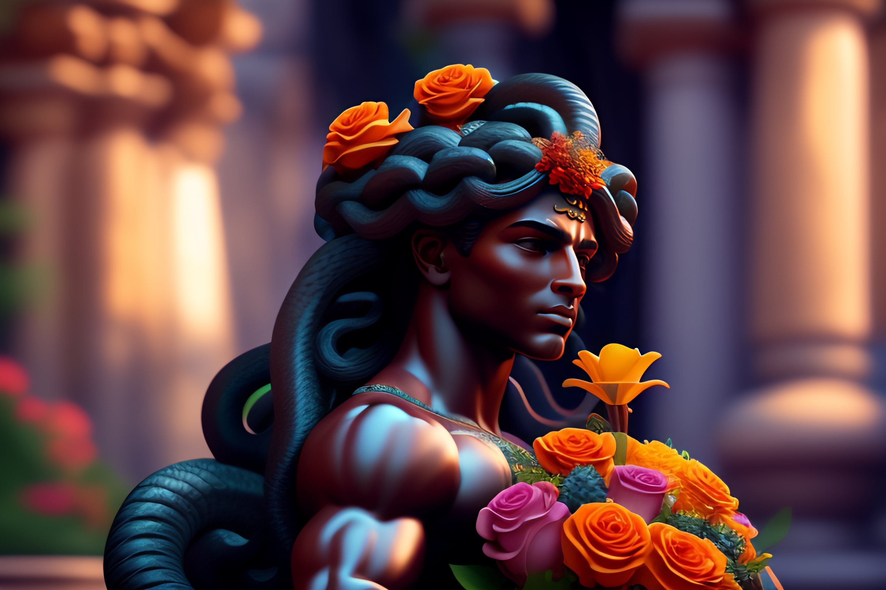 Lexica - Young Hercules turned to stone with a bouquet of flowers in ...