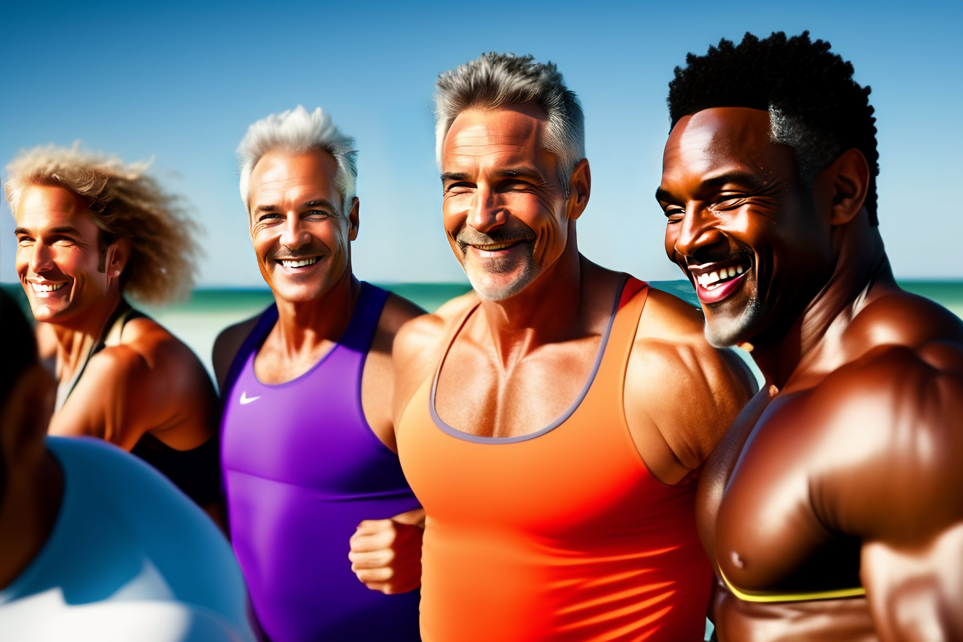 Lexica - Middle age physically fit men, happy, excersizing, talking in ...