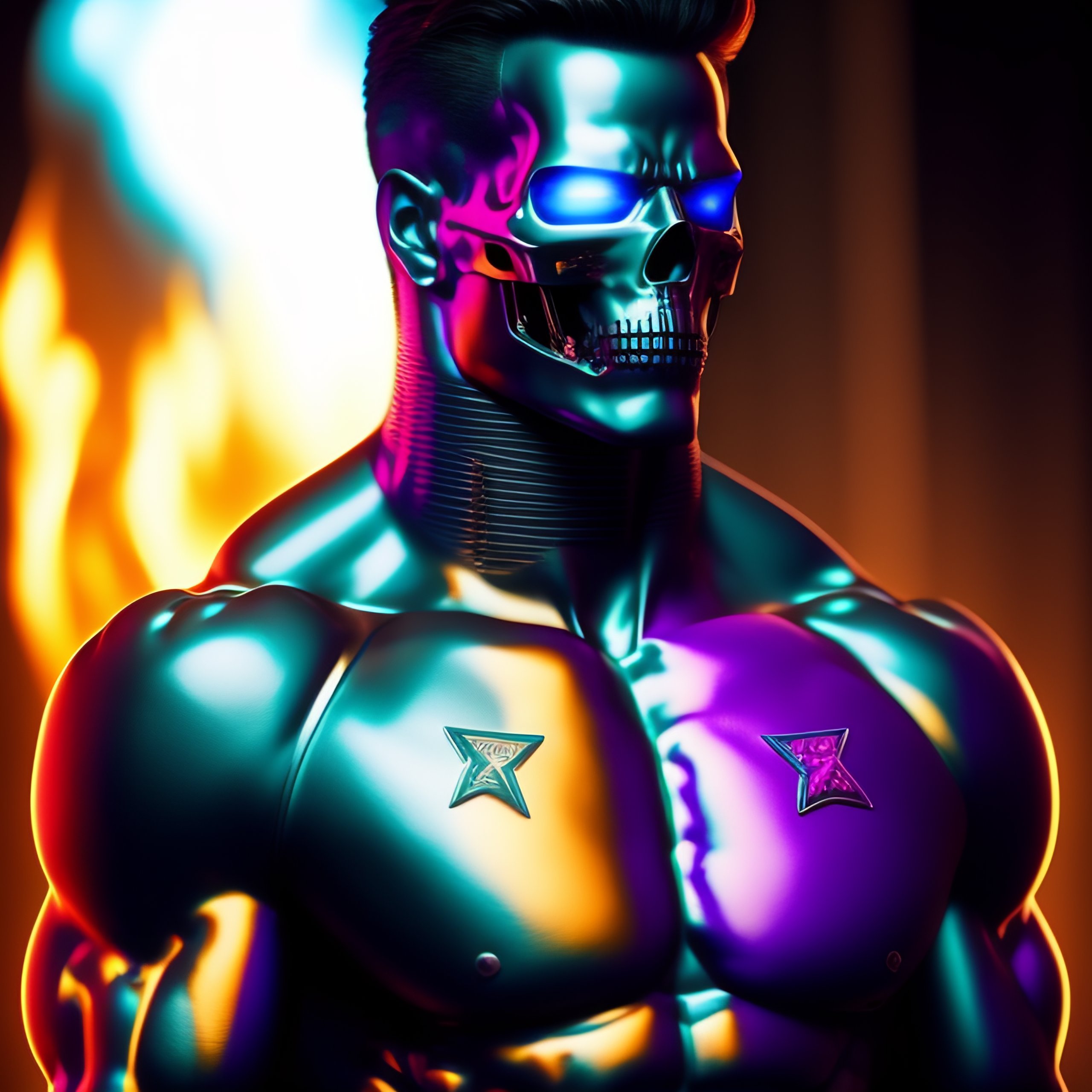 Lexica - Terminator with teal and purple rose tattoes all over the body ...