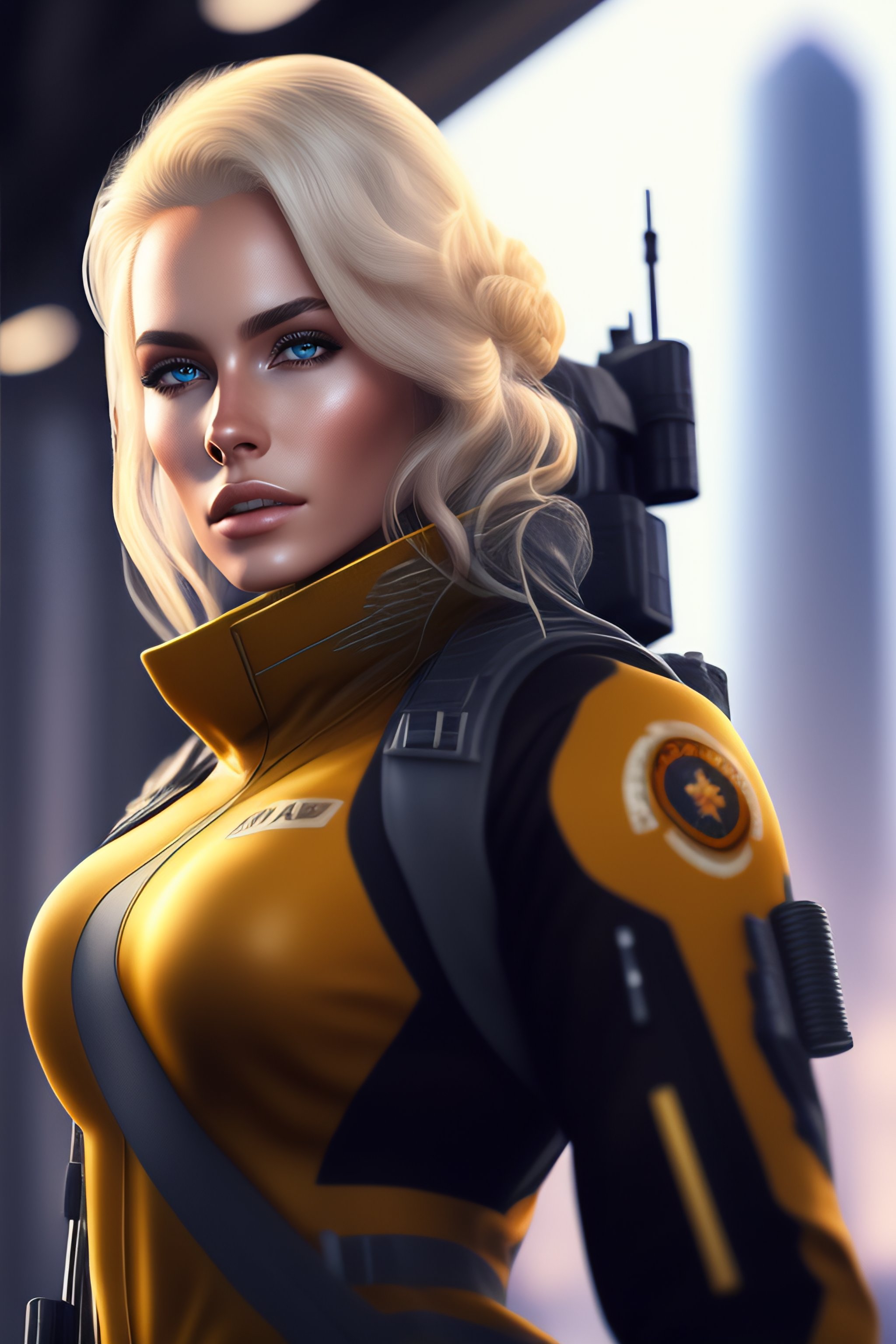 Lexica - Blonde girl, sniper rifle, sci-fi military suit, top of skyscraper, photorealistic, 4k