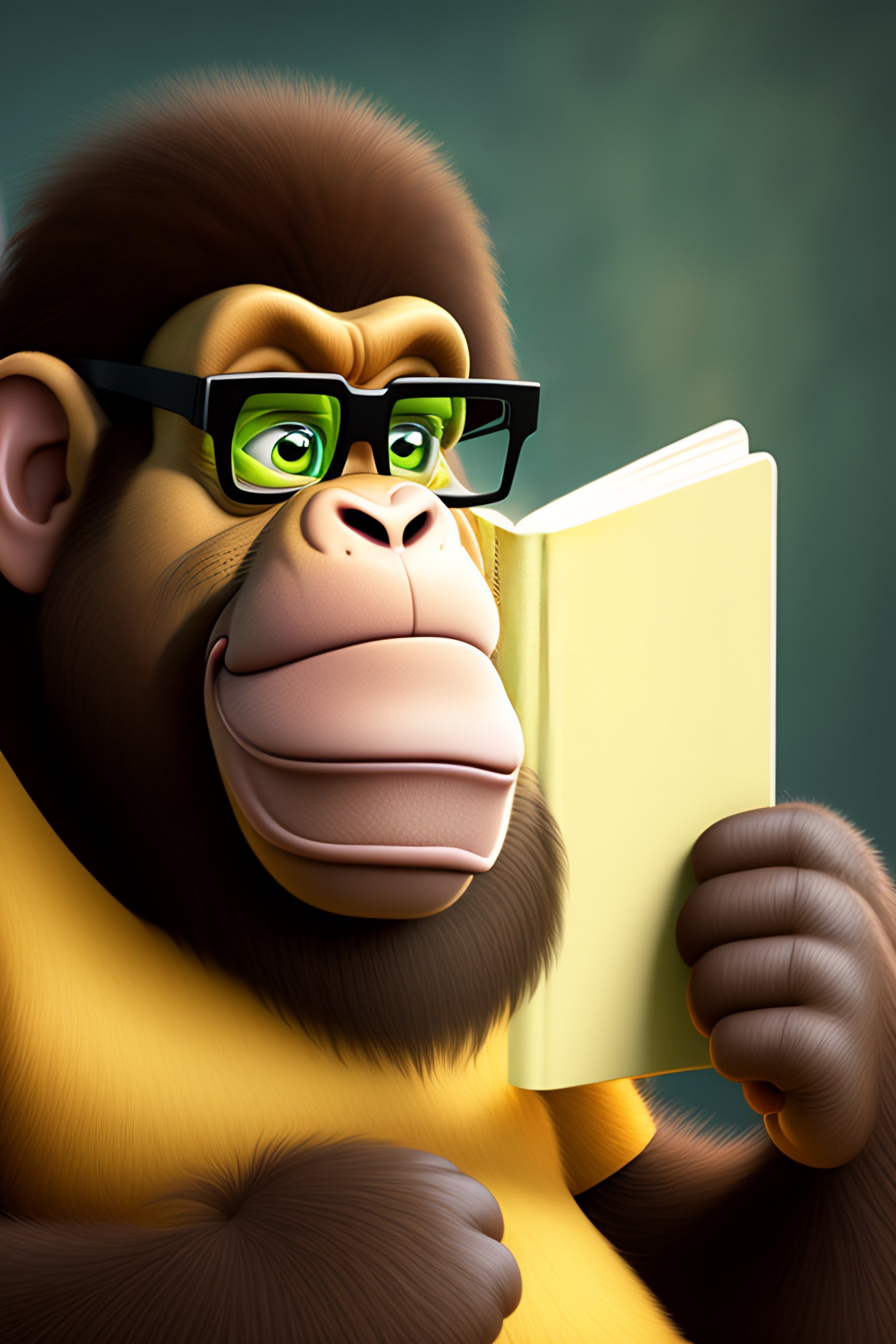 Lexica - Pixar art of a funny smiling ape reading a book with glasses