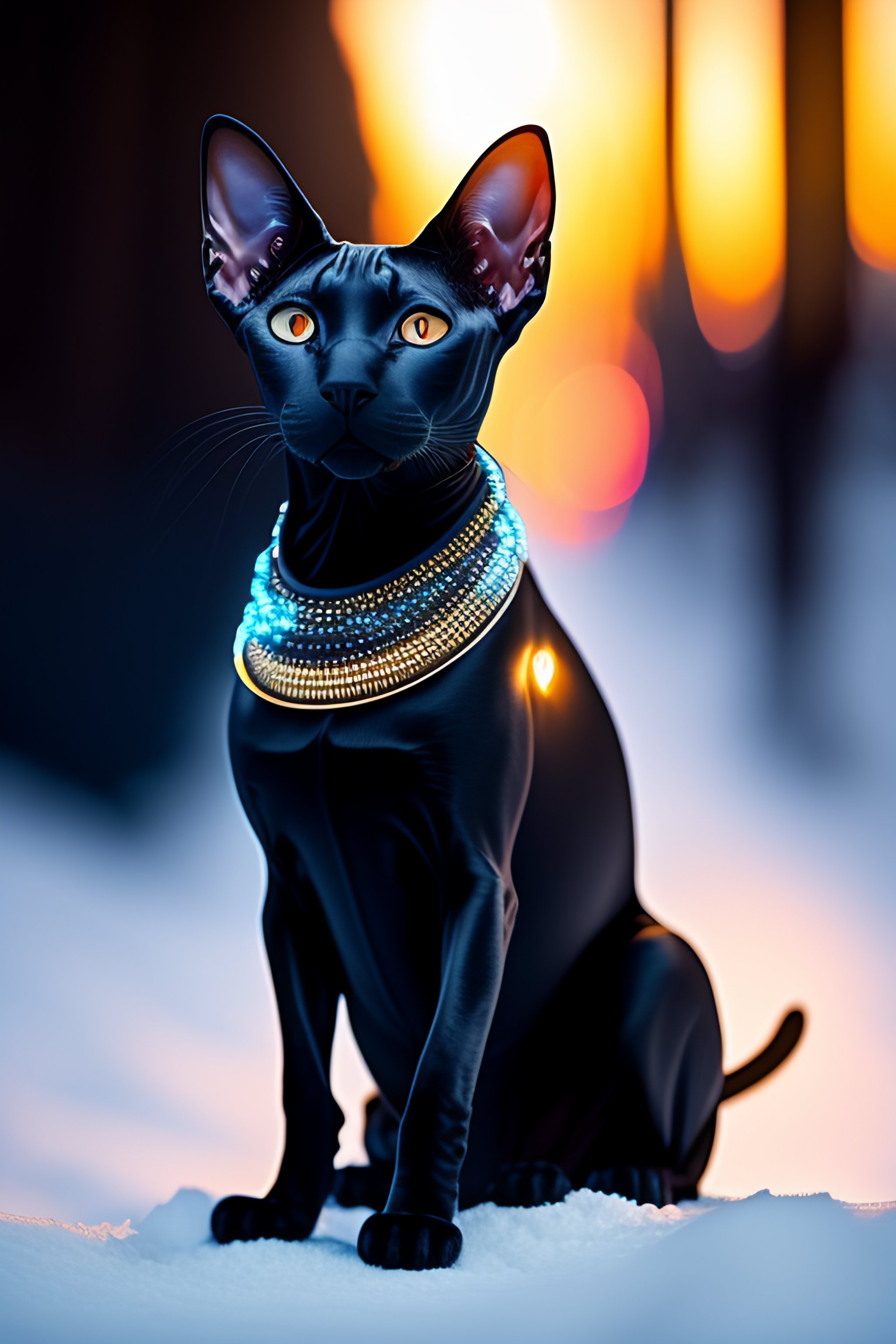Lexica - Black sphynx cat robot futuristic sitting on a snow at night ...