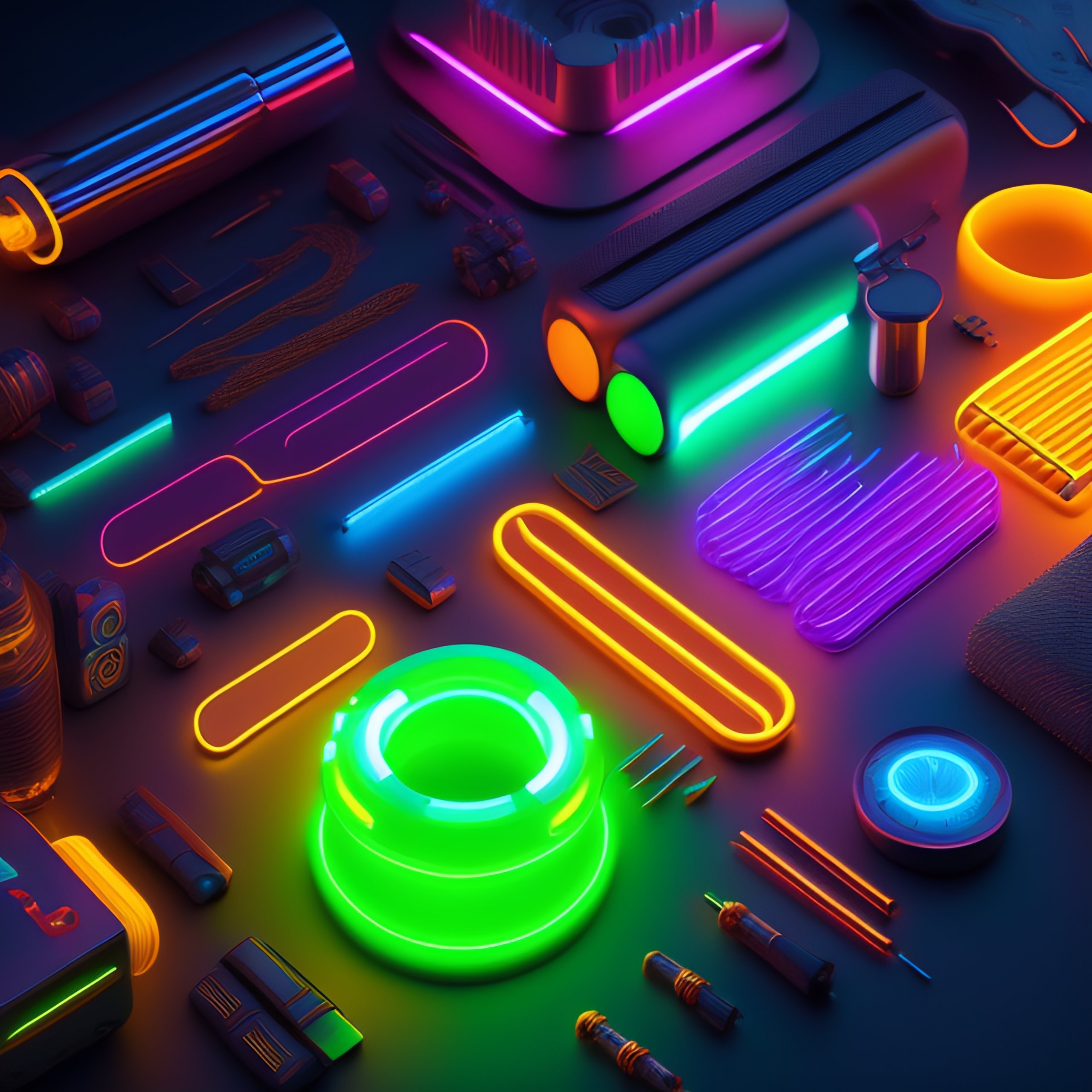 Lexica - Futuristic neon tools, Costumes and props, Knolling, Knolling ...