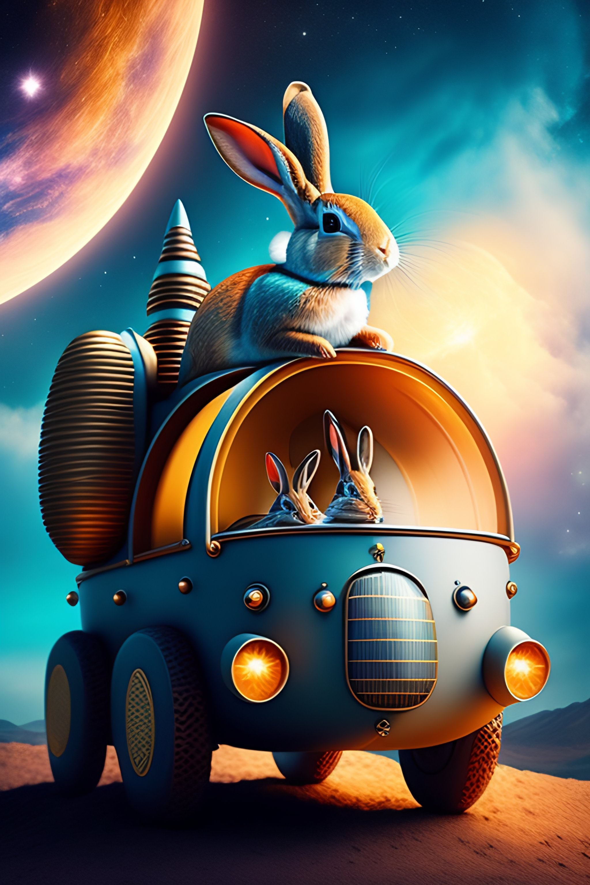 Lexica - Rabbit king traveling in his rocket in the universe