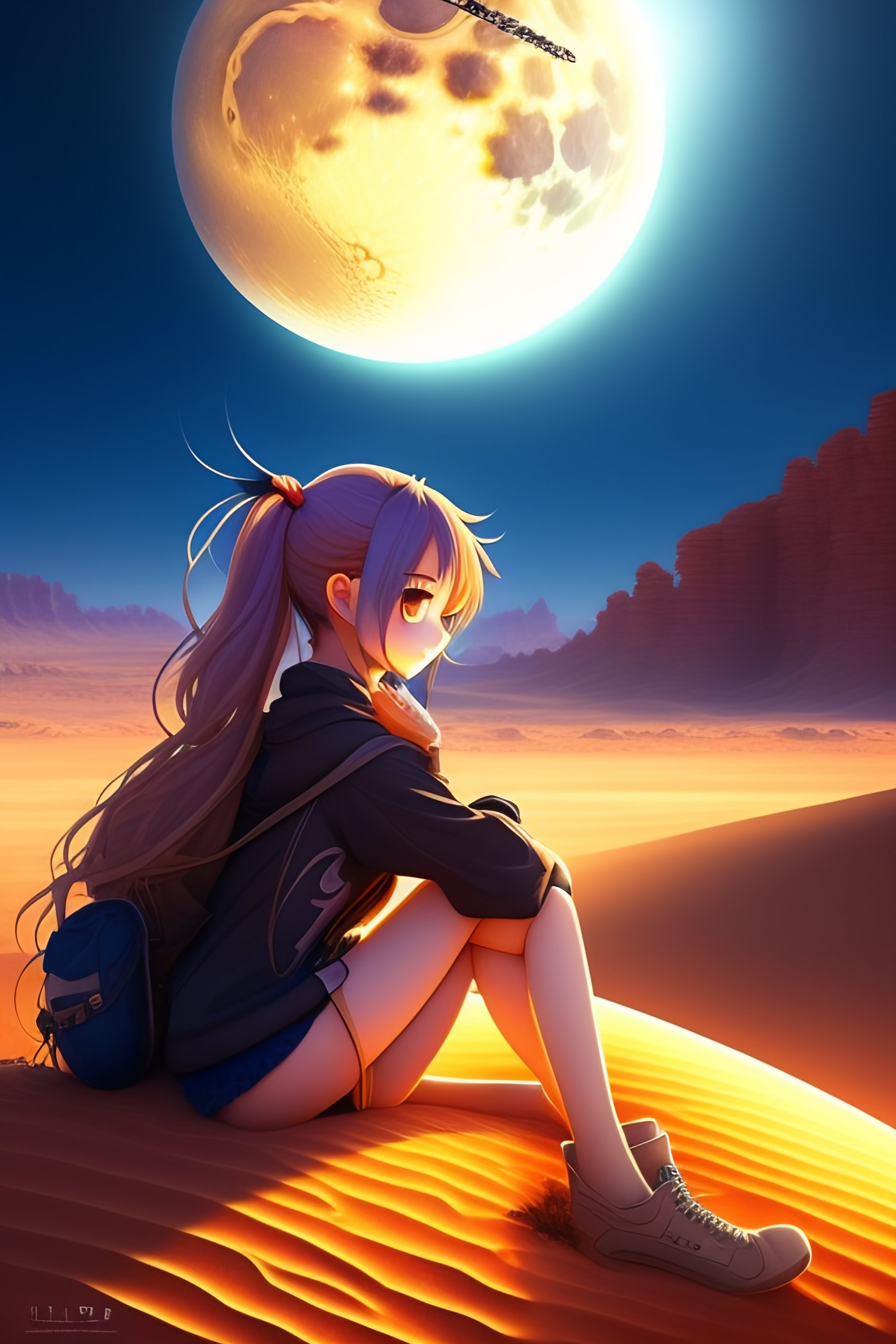 Lexica - Anime girl sitting in desert full moon behind