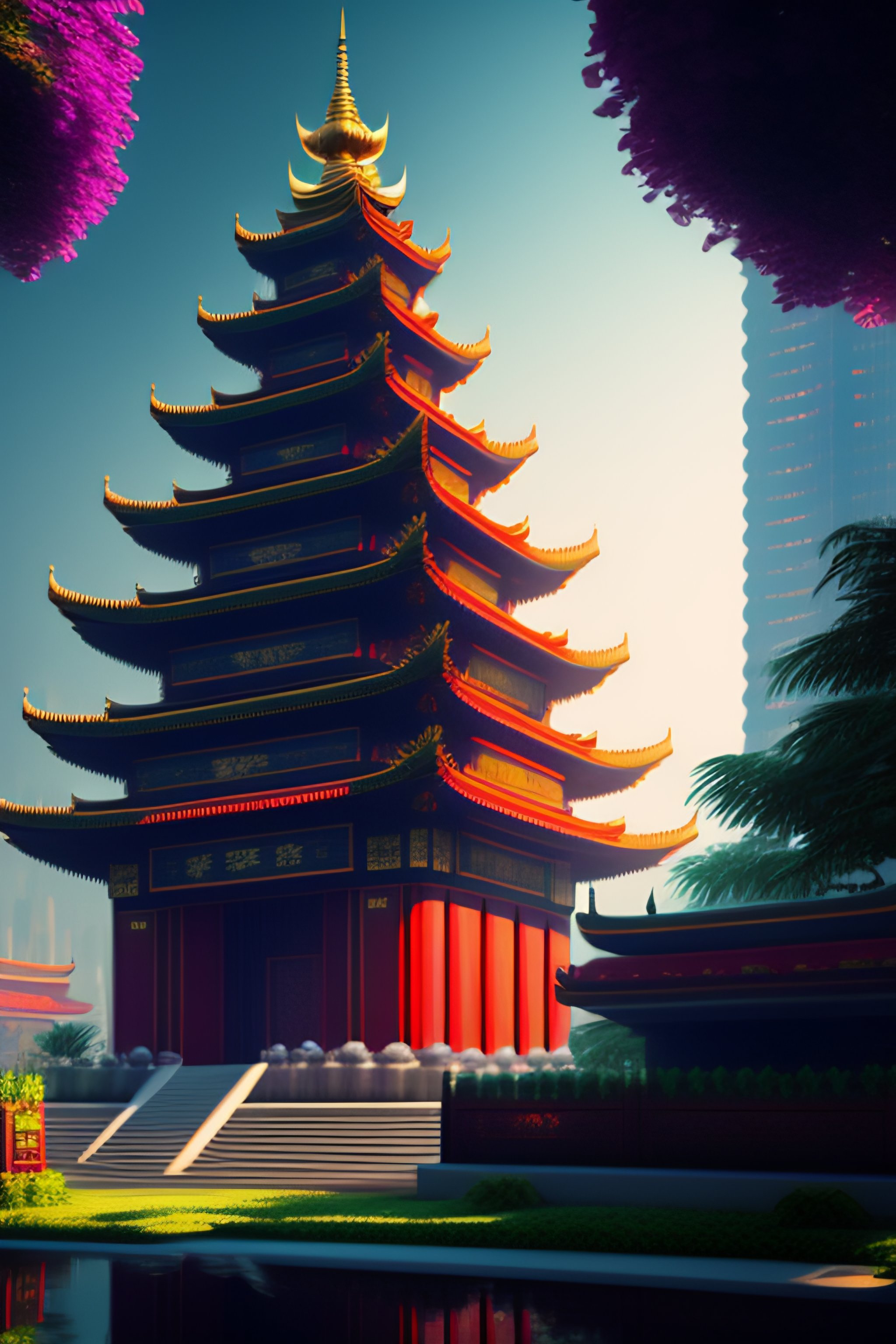 Lexica - Chinese style temple in front of cyberpunk skyscrapers, hyper ...