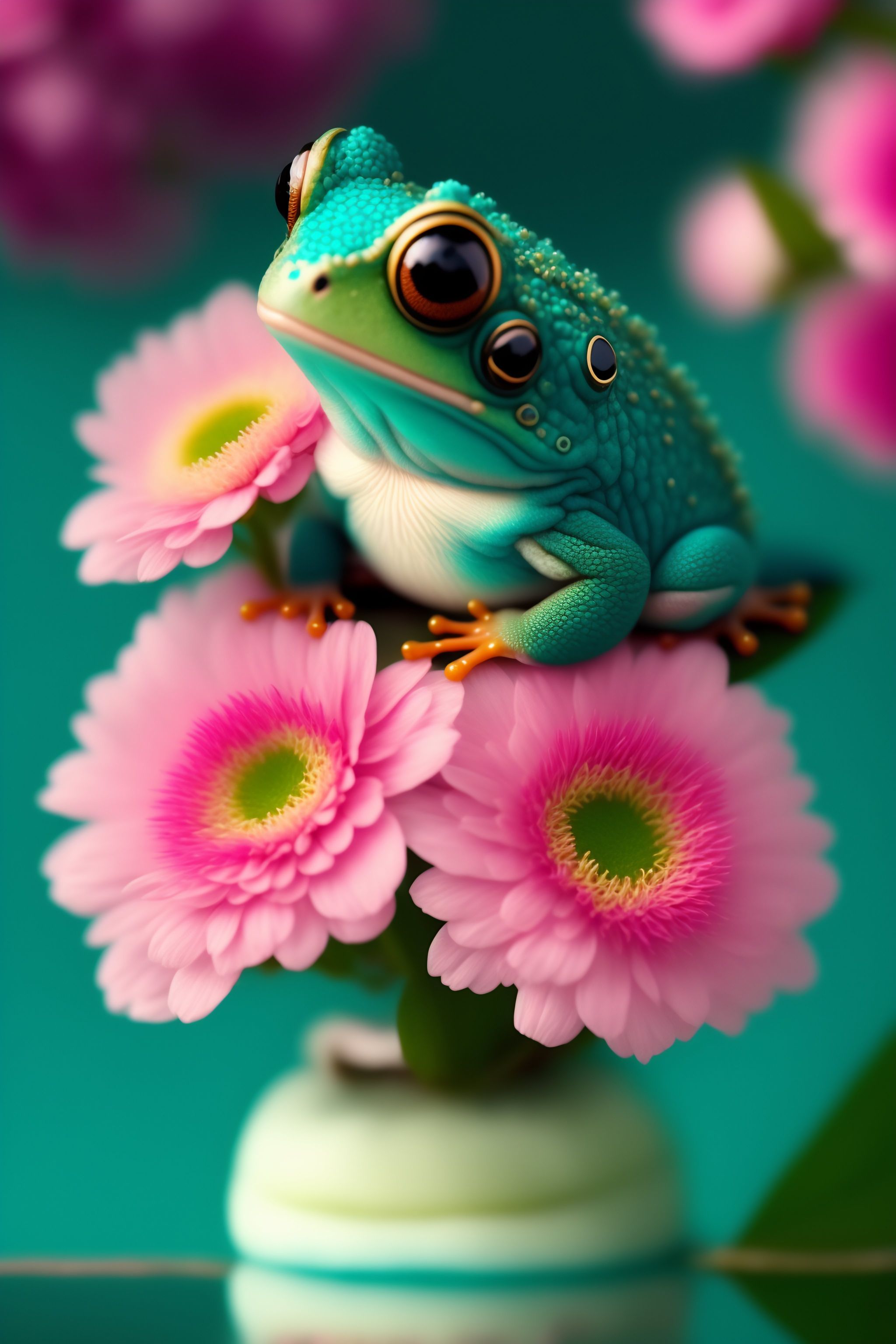 Lexica - Shabby Chic Teal and Pink Flowers with Fluffy Realistic frog