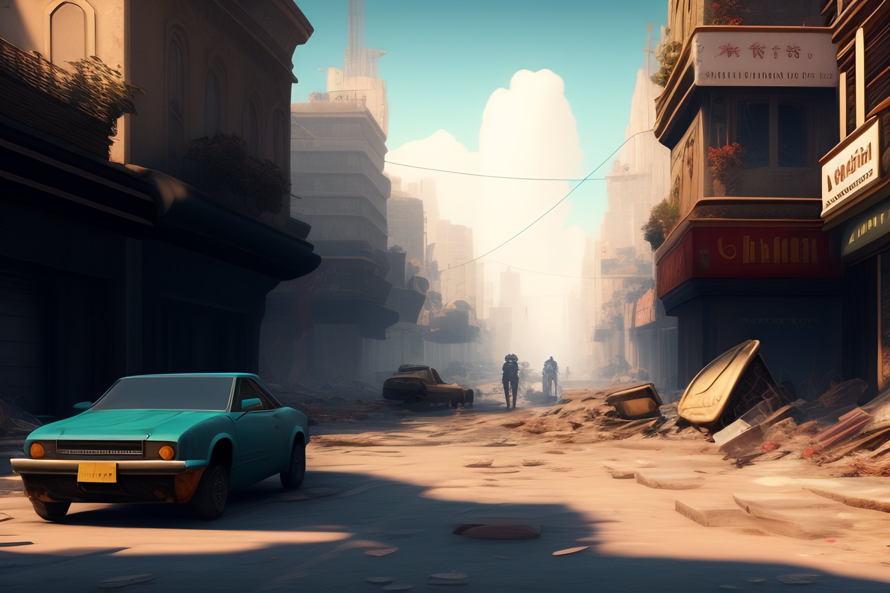 Lexica - A city with lots of broken buildings and rubble and damaged ...