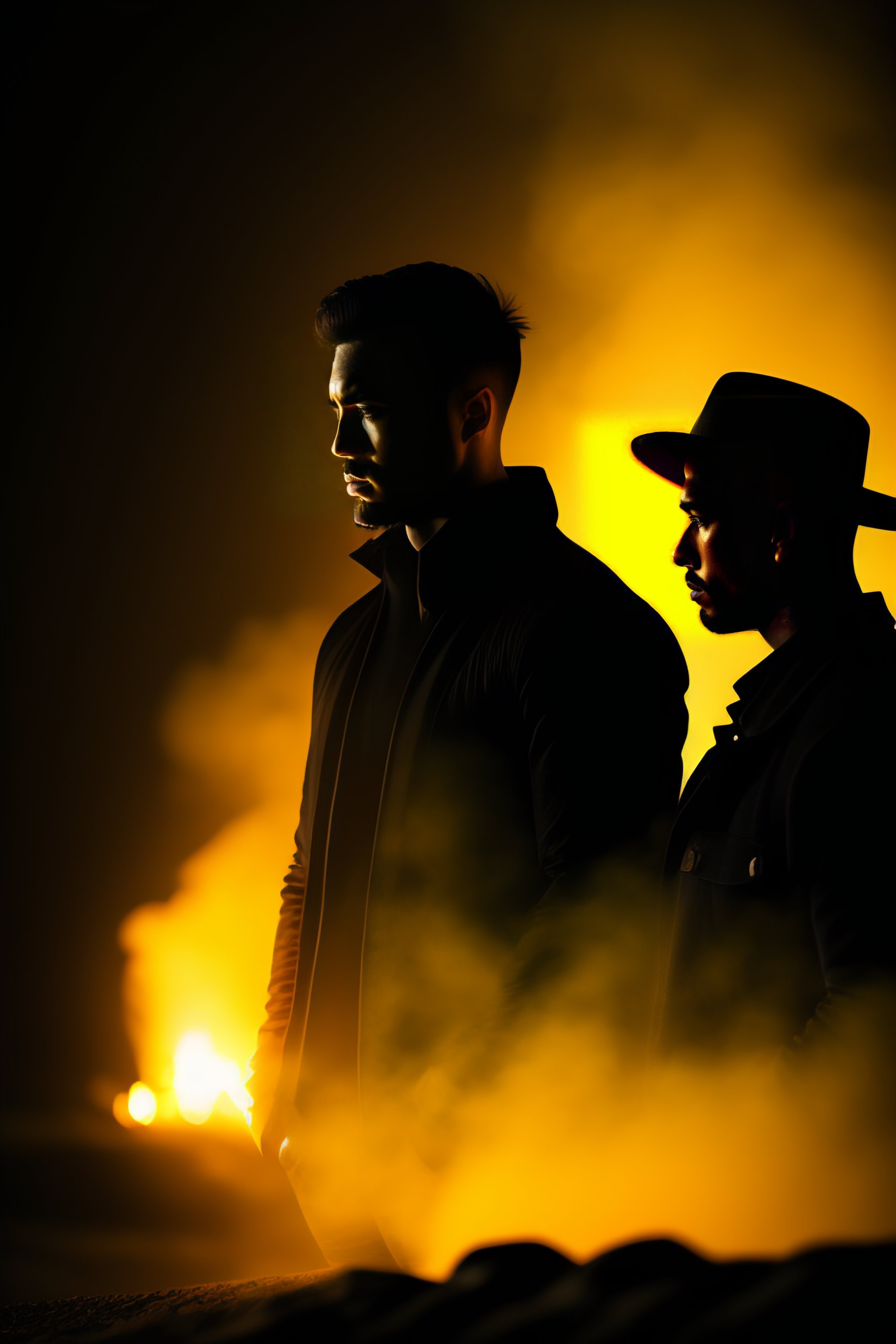 Lexica - Silhouette of three gangster men, in black place, with light ...