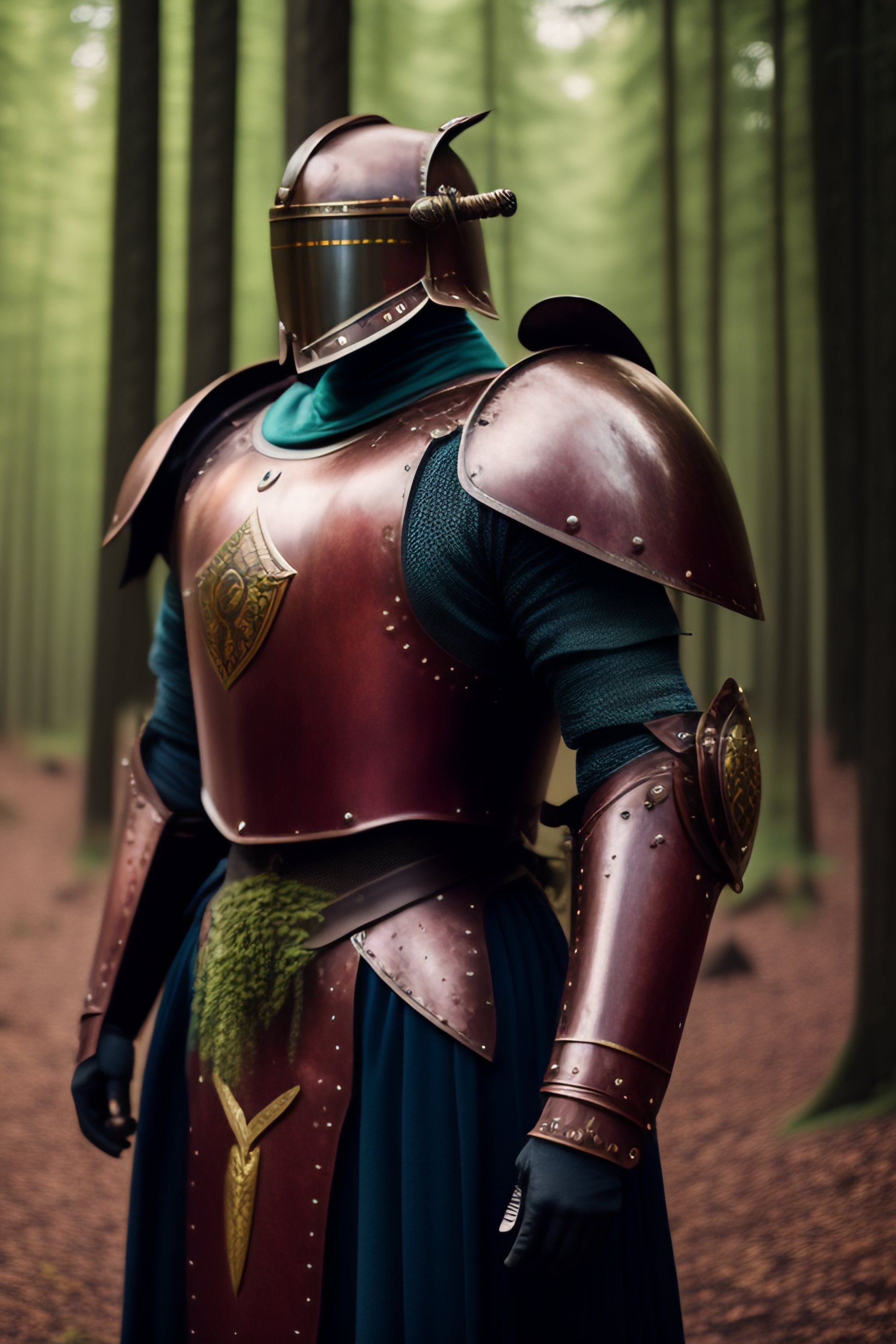 Lexica - A rusty medieval suit of armor in a forest