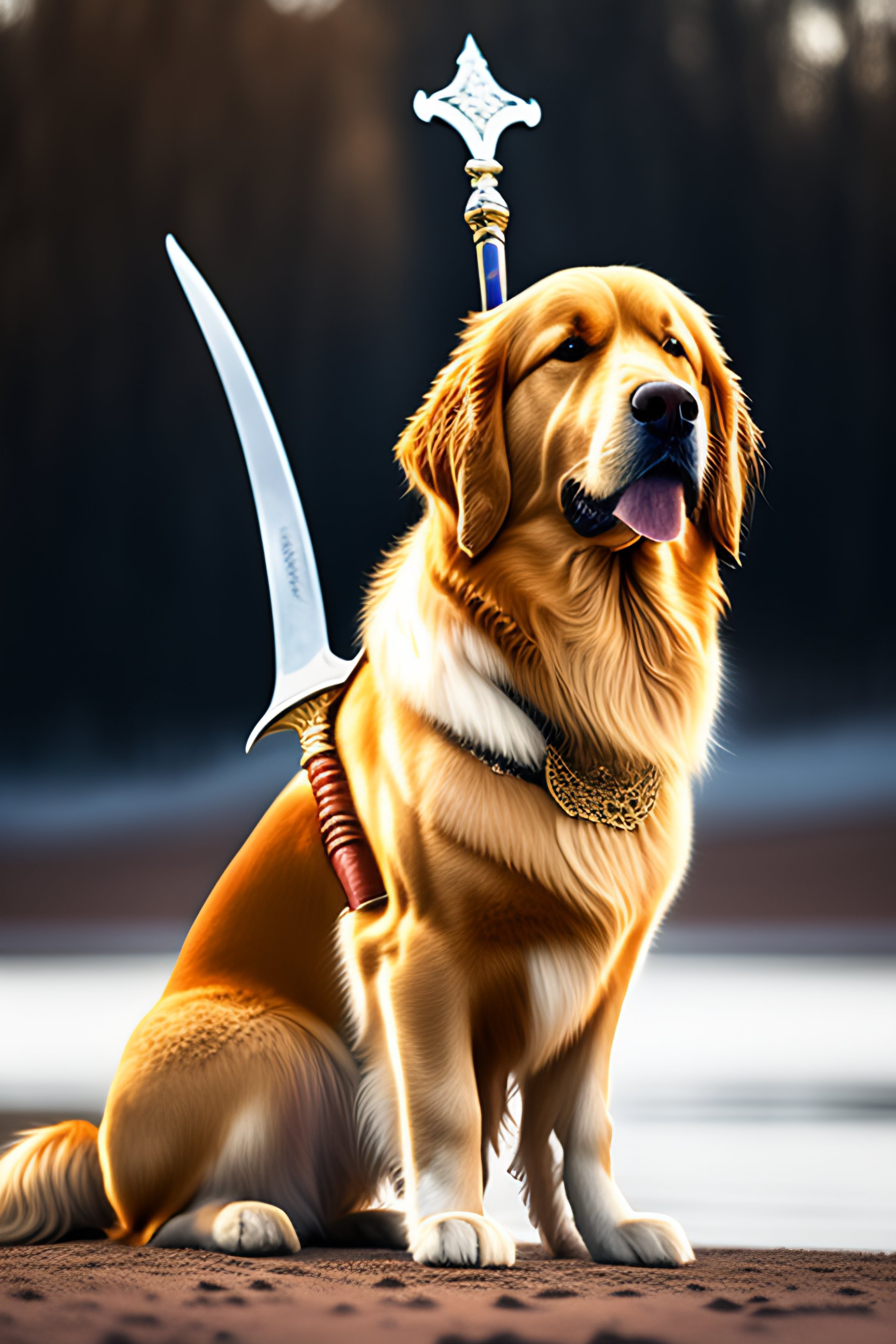 Lexica - A golden retriever, standing ，with sword in the hand