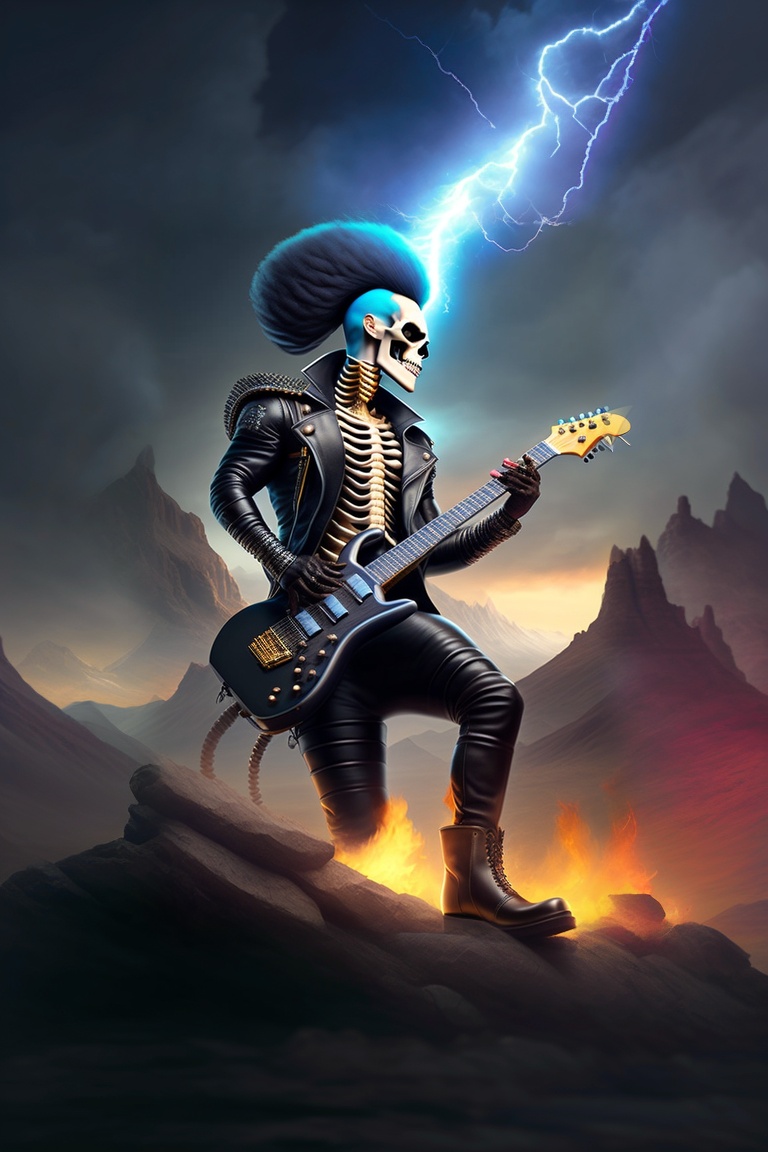 Lexica - Jewfro mohawk giant skeleton in black leather playing ...